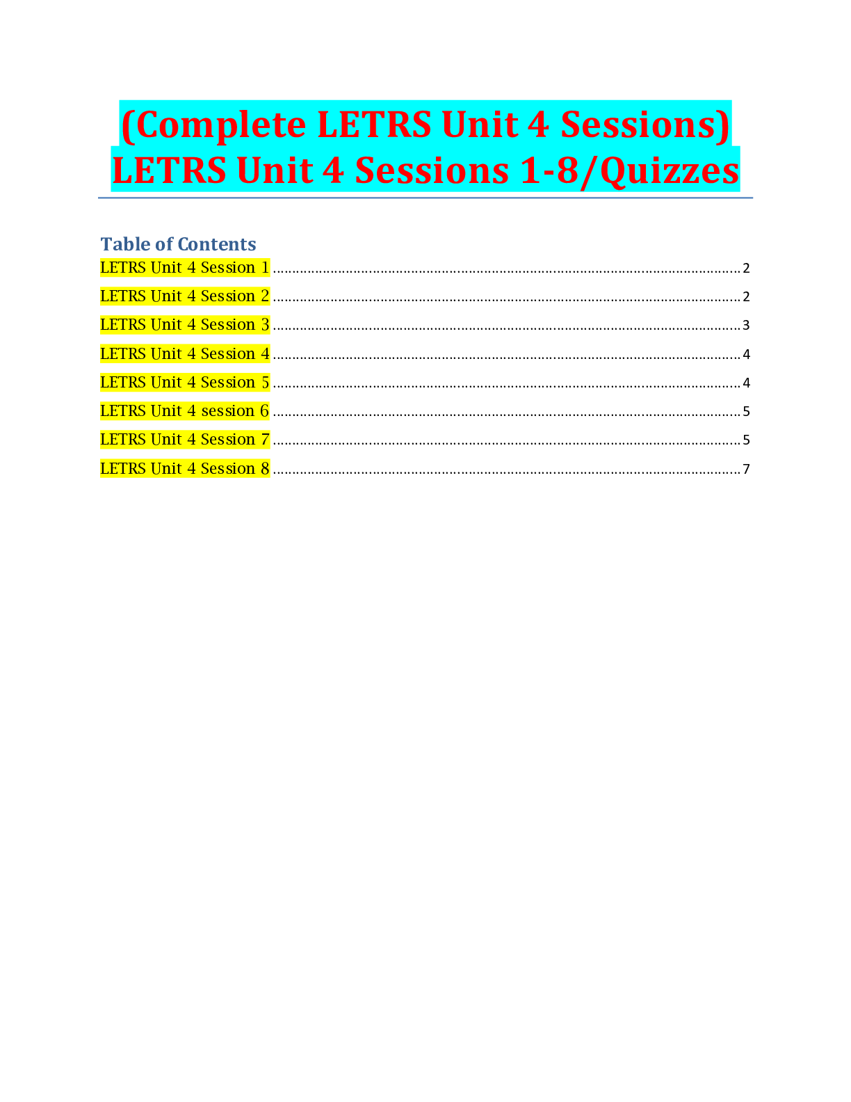 (Complete LETRS Unit 4 Sessions) LETRS Unit 4 Sessions 1-8/Quizzes ...