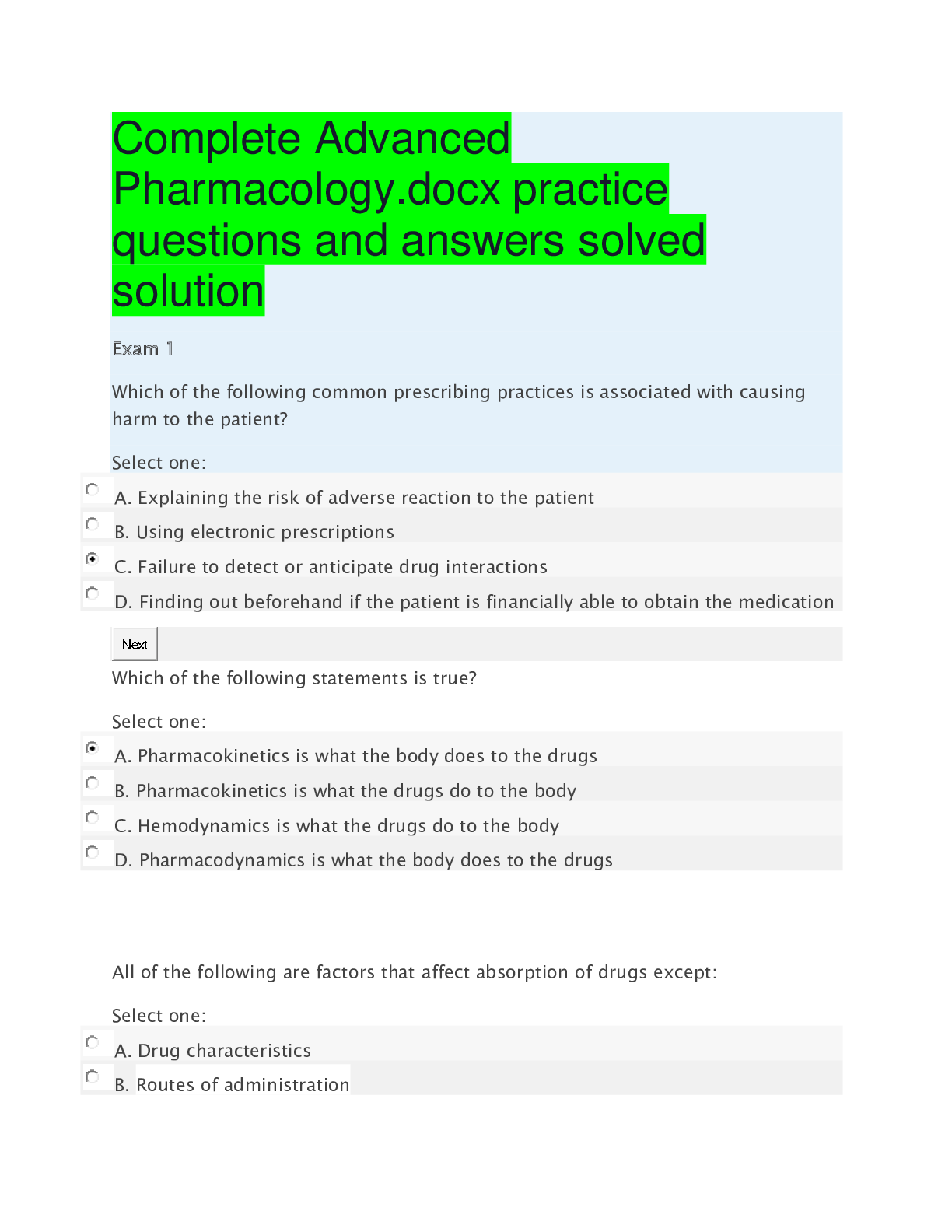 Complete Advanced Pharmacology.docx practice questions and answers ...