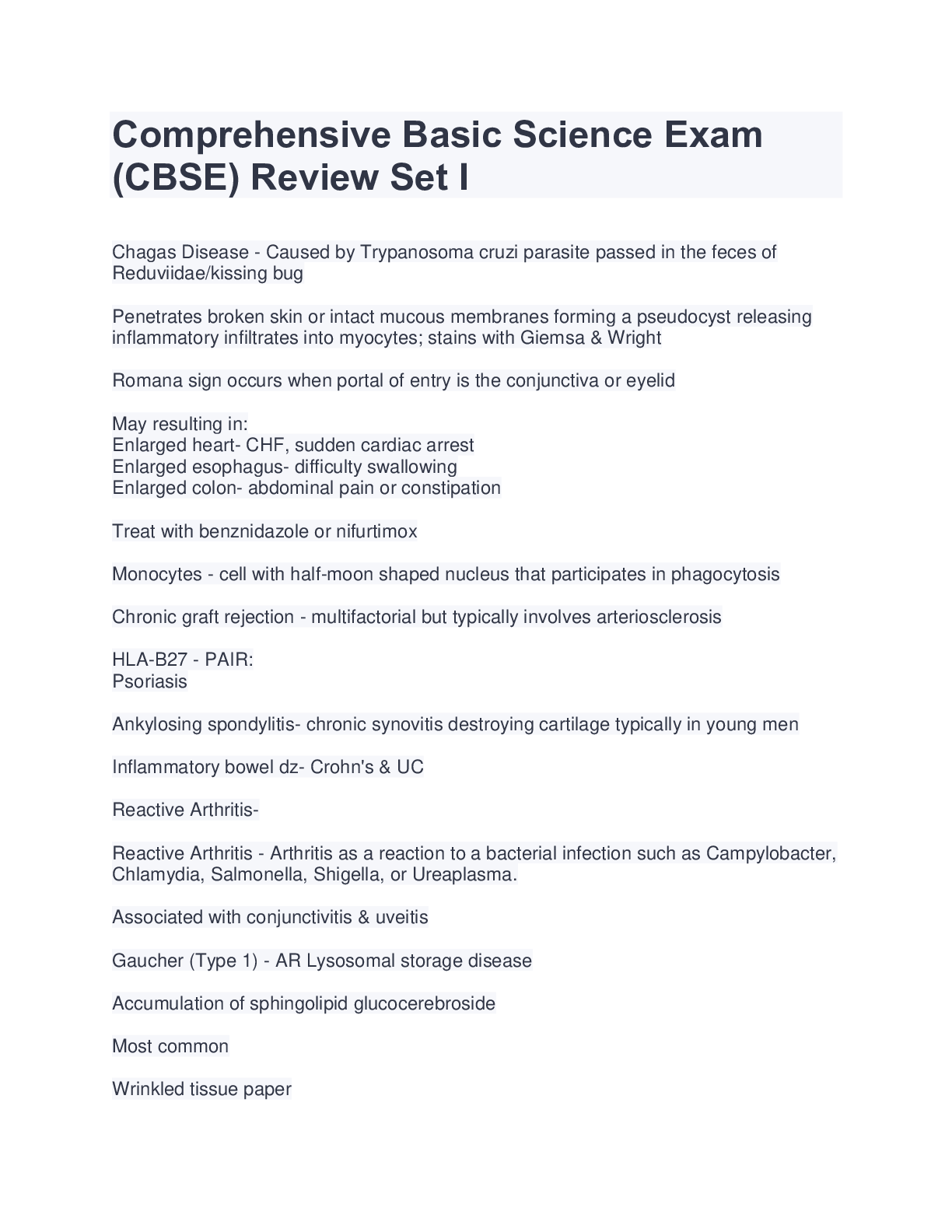 Comprehensive Basic Science Exam (CBSE) Review Set I - Scholarfriends