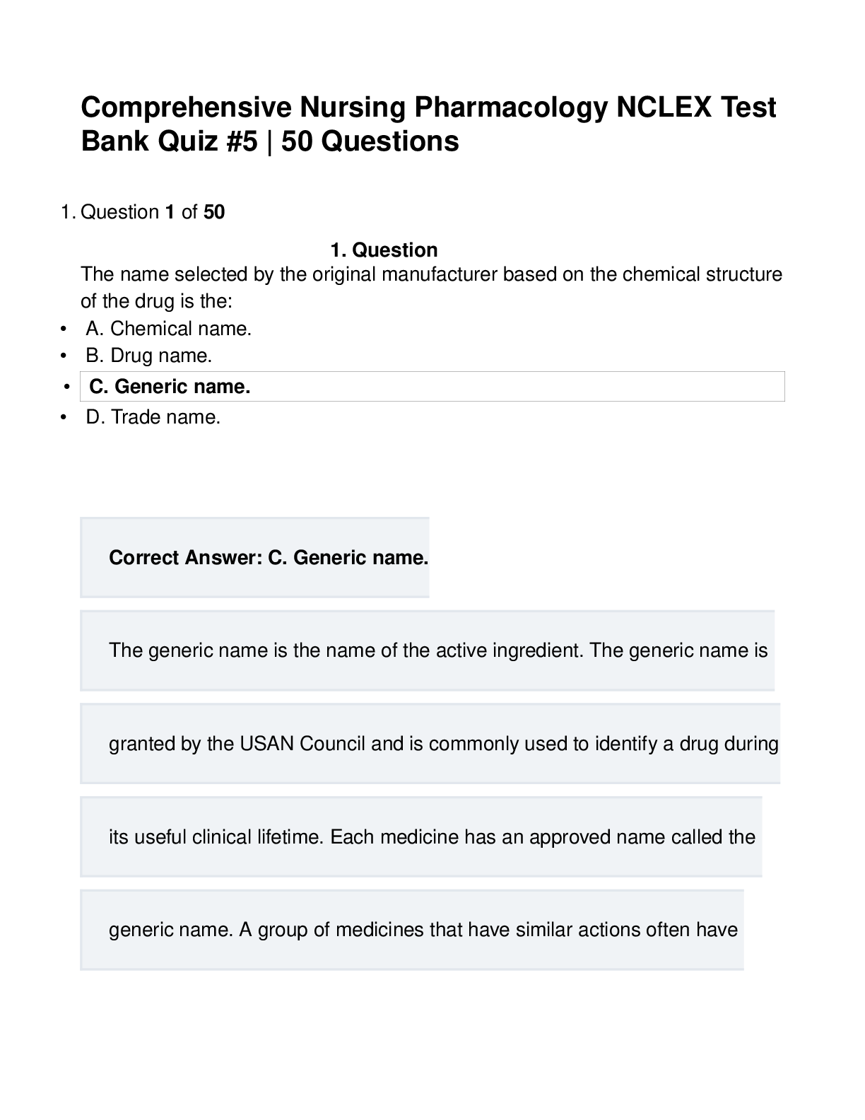 Comprehensive Nursing Pharmacology NCLEX Test Bank Quiz #5 | 50 ...