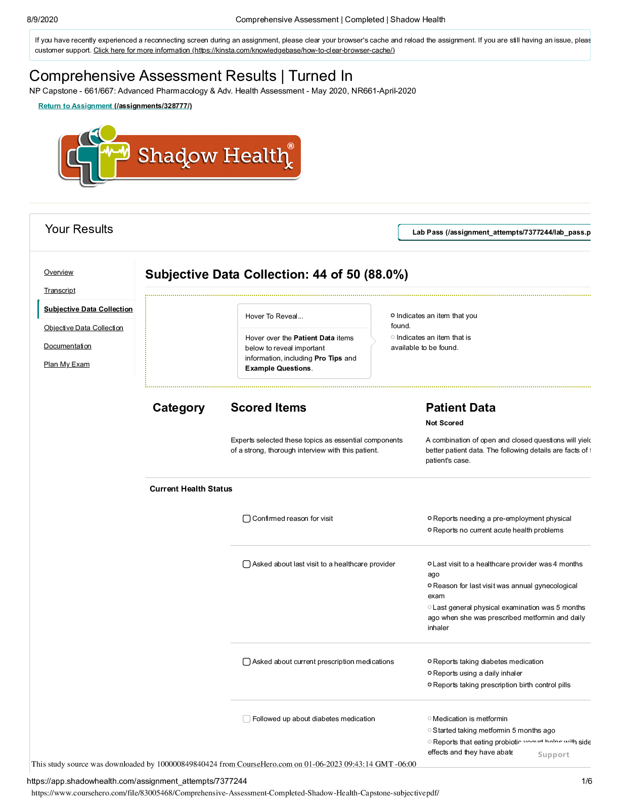 NR 661 Shadow Health; Tina Jones Comprehensive Assessment (GRADED ...