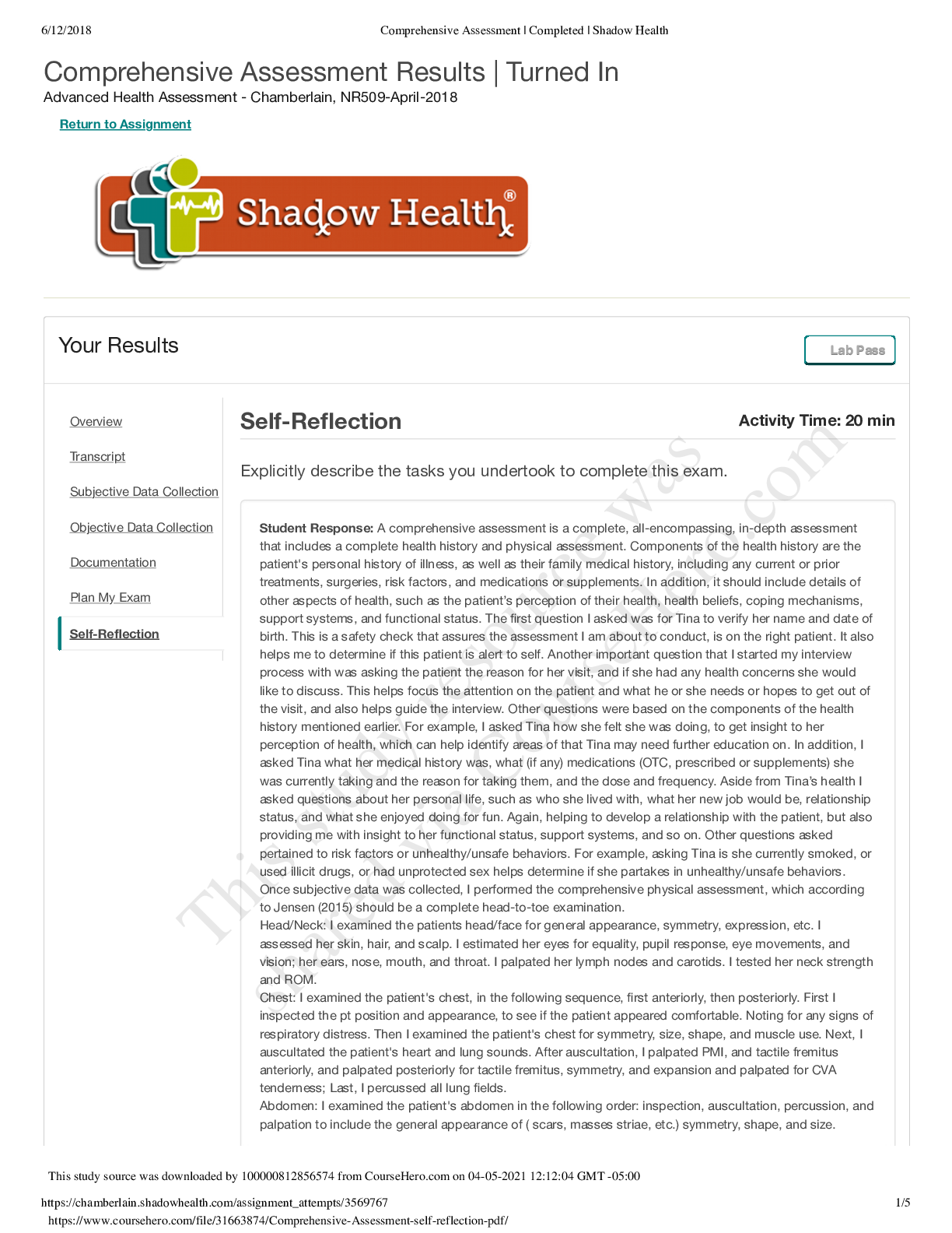NR-509 Shadow Health Assignments Week 7 Comprehensive Health History ...