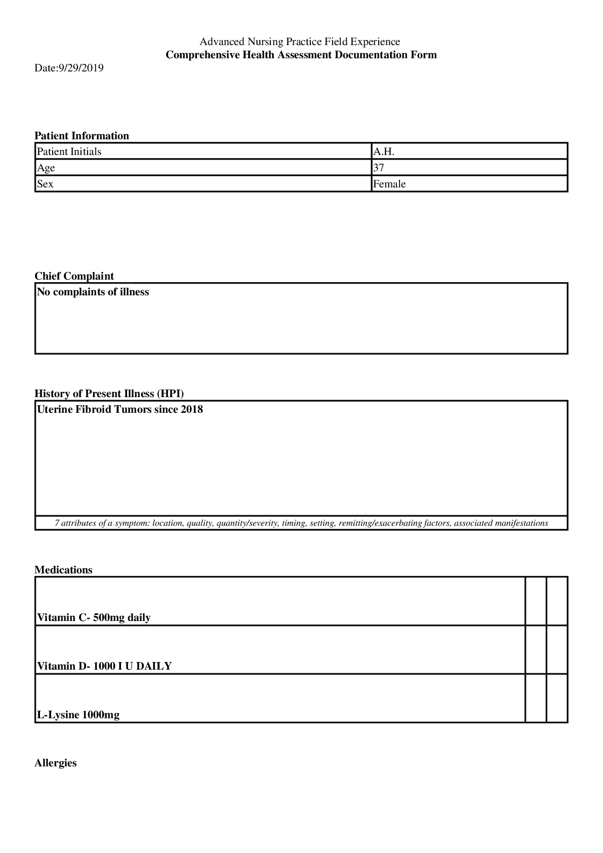 NURSING C350 Comprehensive Health Assessment Documentation Form ...