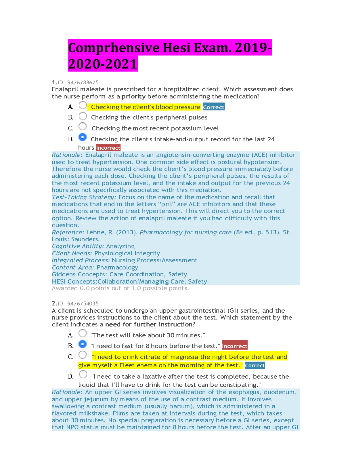 Comprehensive Hesi Exam. 2019-2020-2021 - Scholarfriends