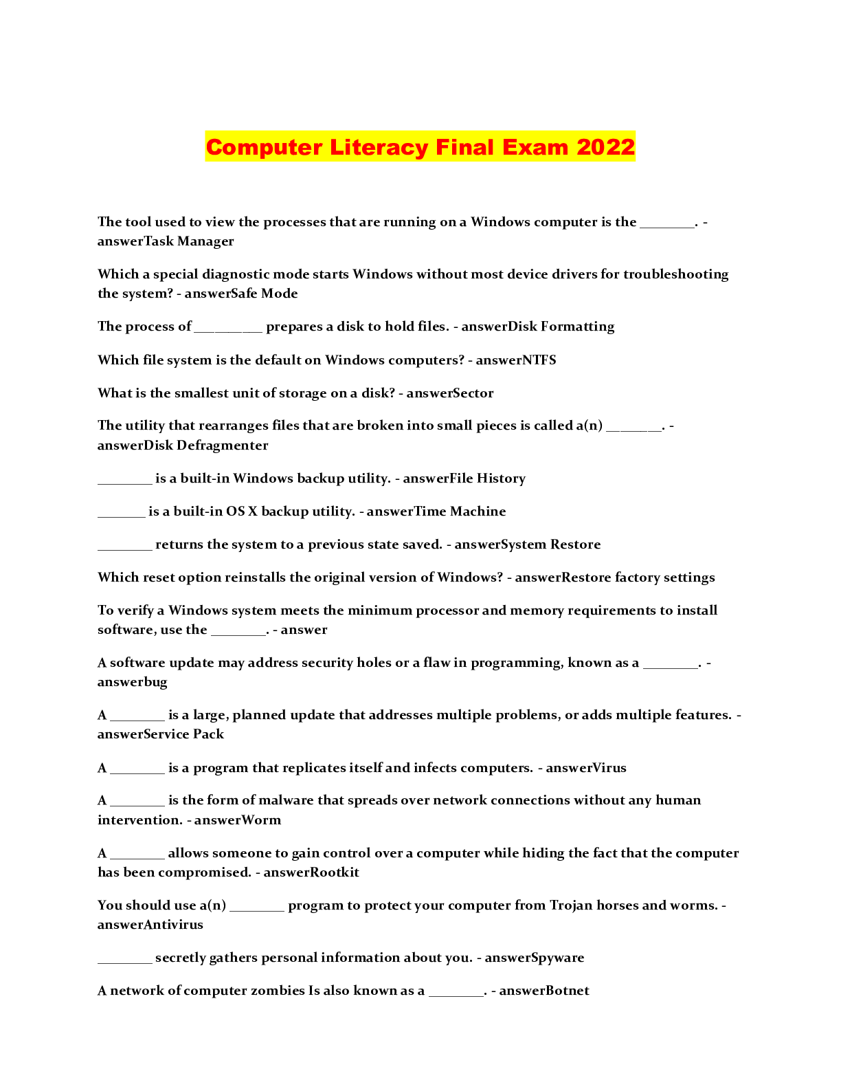 Computer Literacy Final Exam 2022 - Scholarfriends