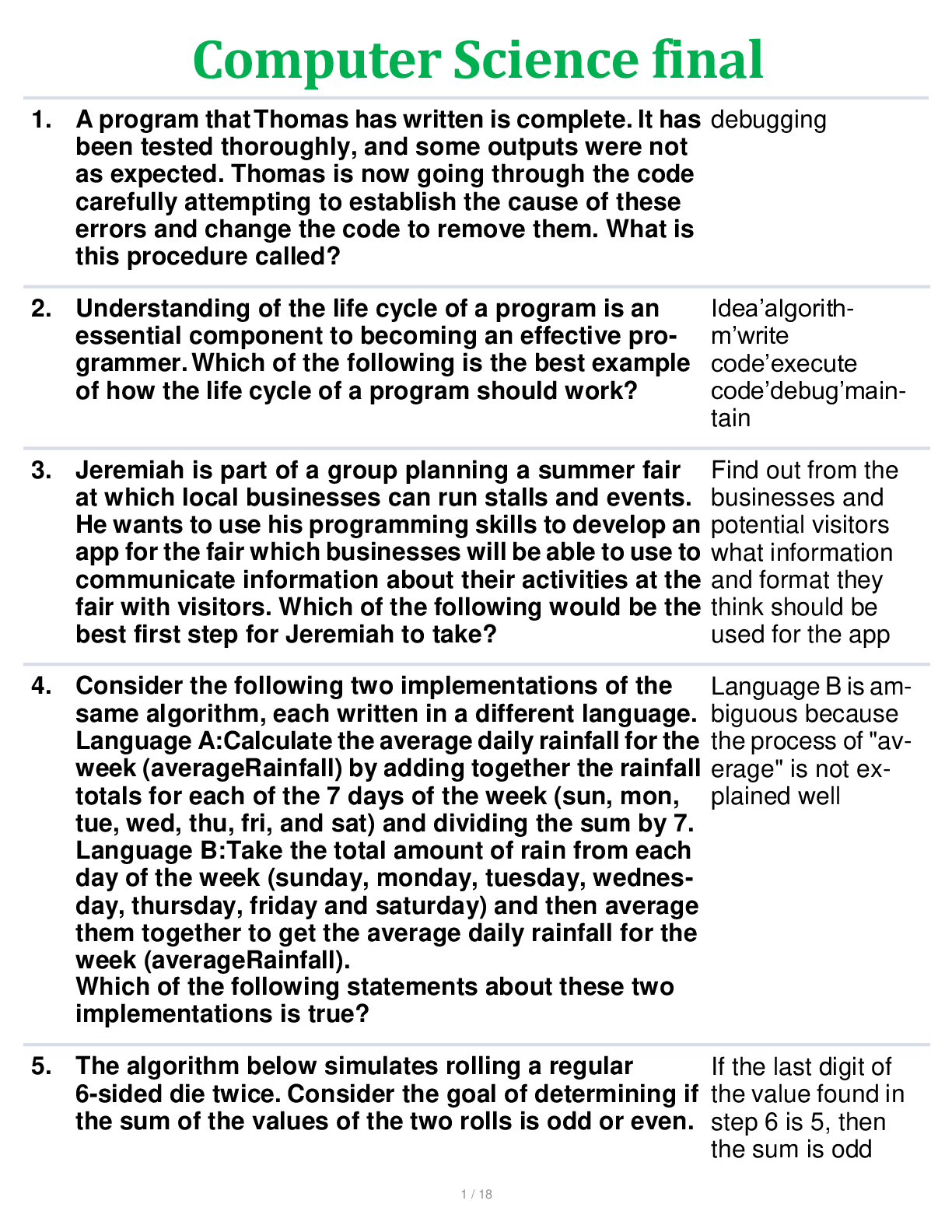 Computer Science Final. Most Commonly Tested 71 Questions and Answers ...