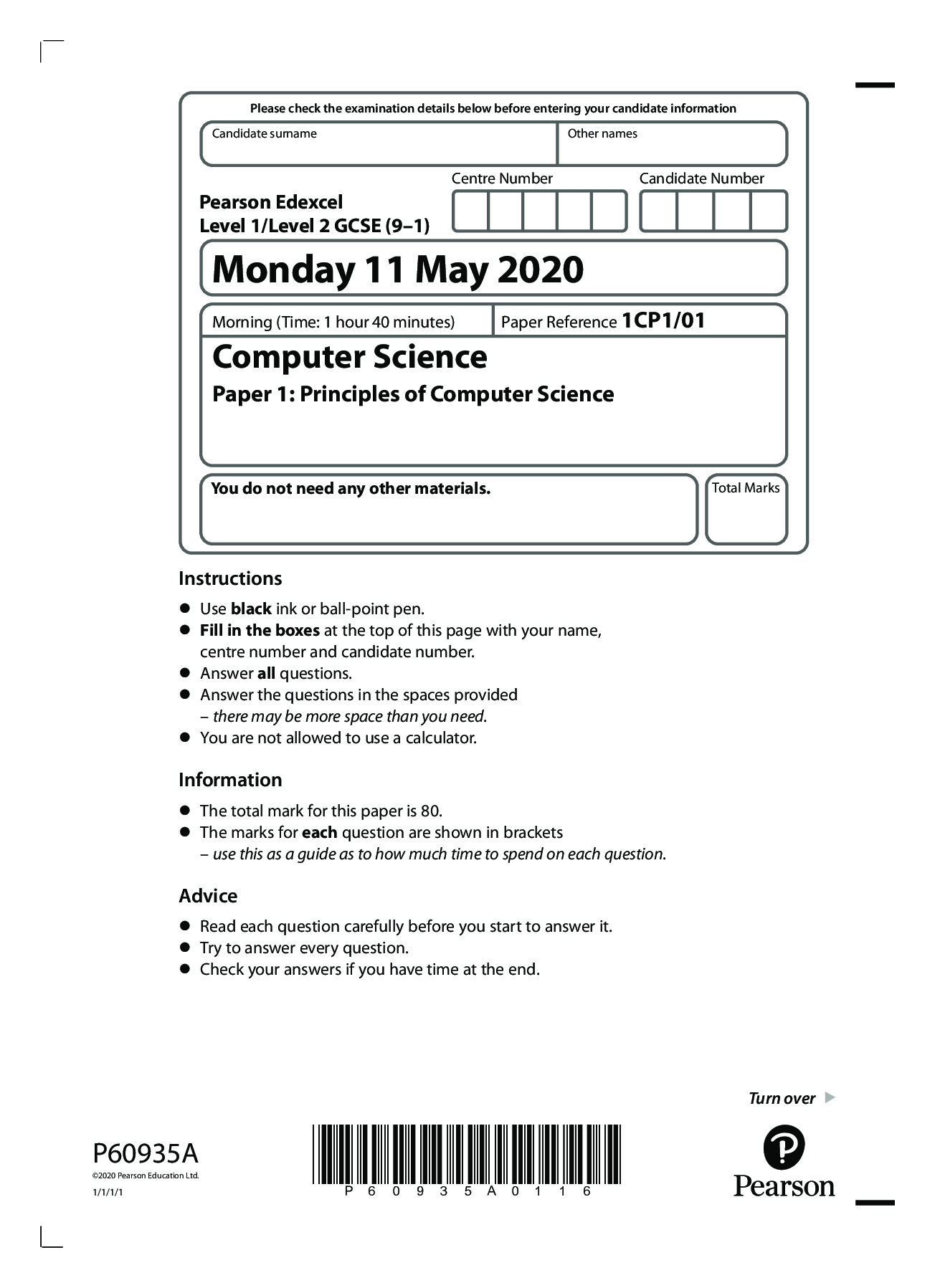 Pearson Edexcel_GCSE (9–1) Computer Science_1CP1/01 Question Paper 2020 ...