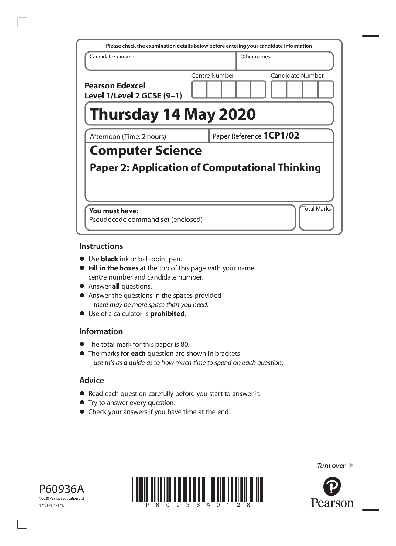 Pearson Edexcel_GCSE (9–1) Computer Science_1CP1/02 Question Paper 2020 ...