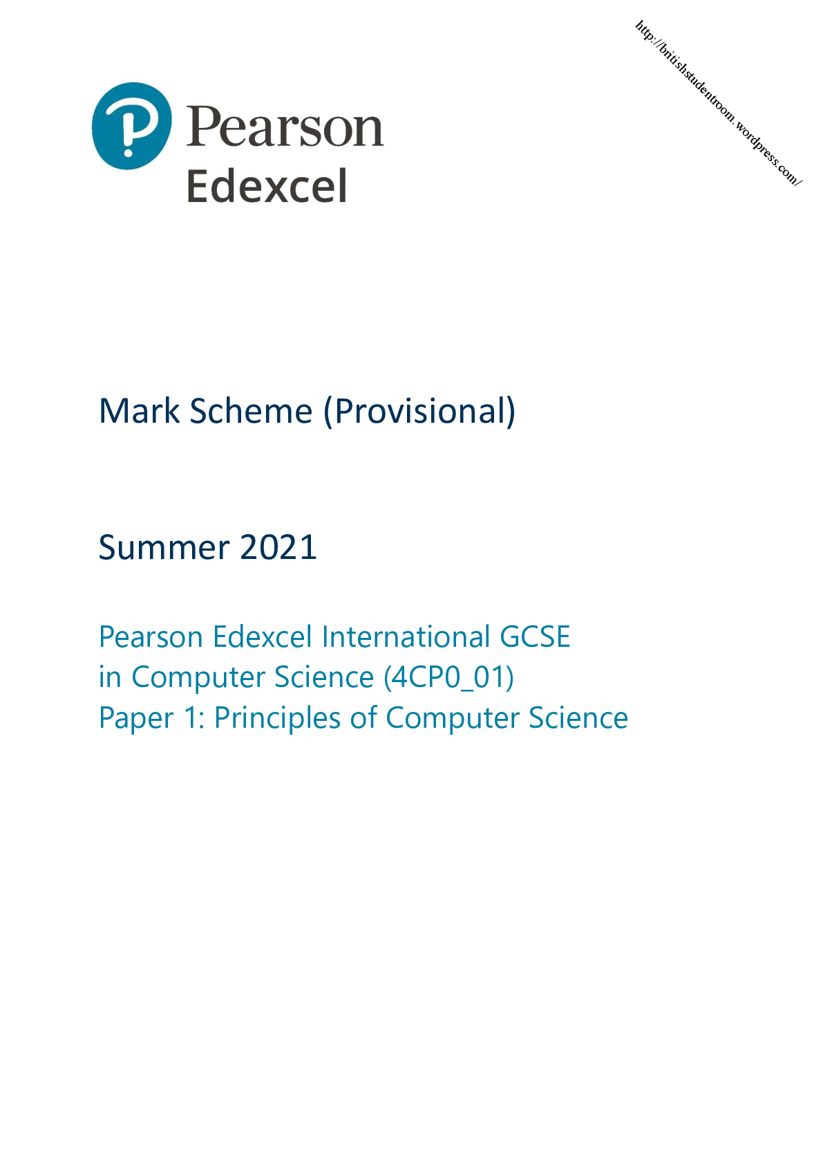 Pearson Edexcel International GCSE_Computer Science_4CP0/01 Mark Scheme ...
