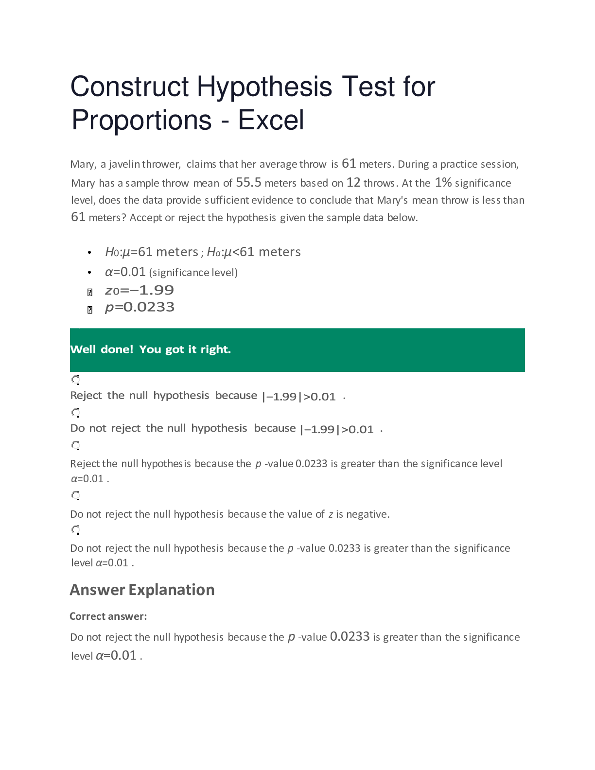 STATISTICS MISC - Construct Hypothesis Test for Proportions - Excel ...