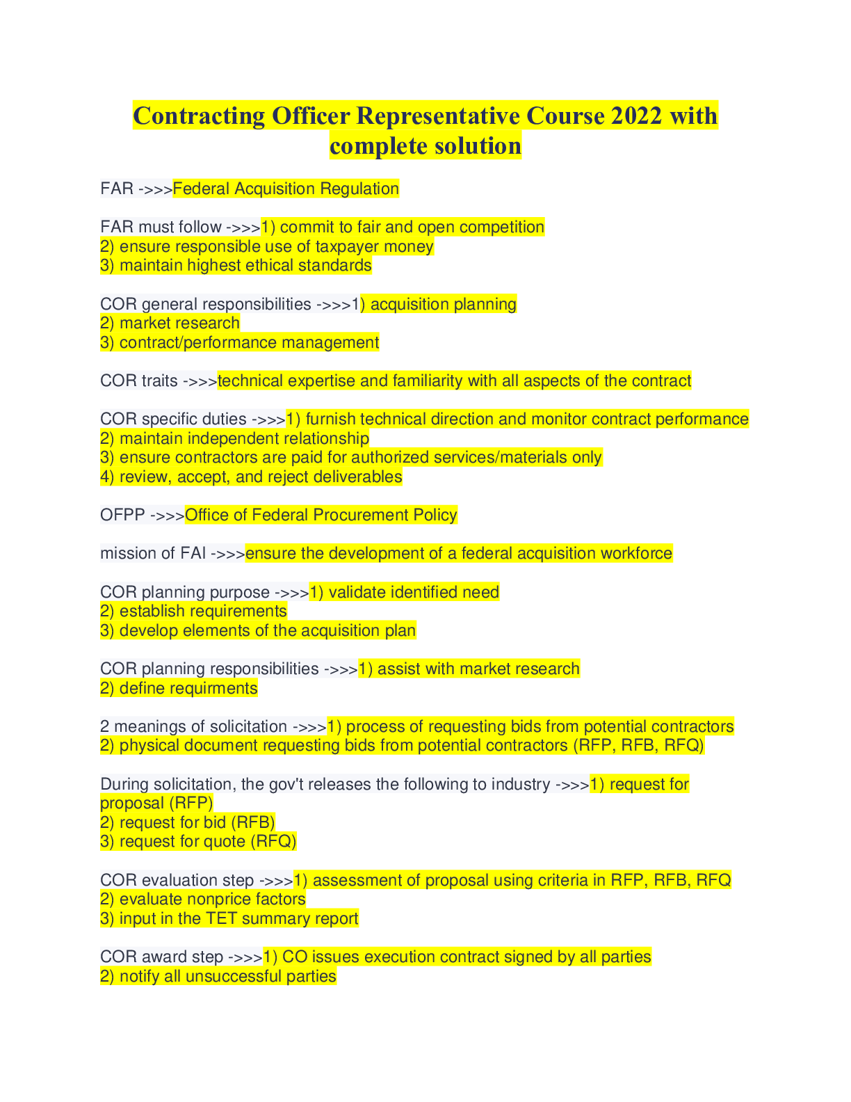 Contracting Officer Representative Course 2022 with complete solution ...