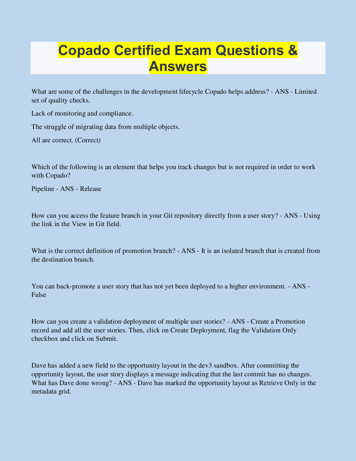 Copado Certified Exam Questions & Answers | 90 Questions with 100% ...