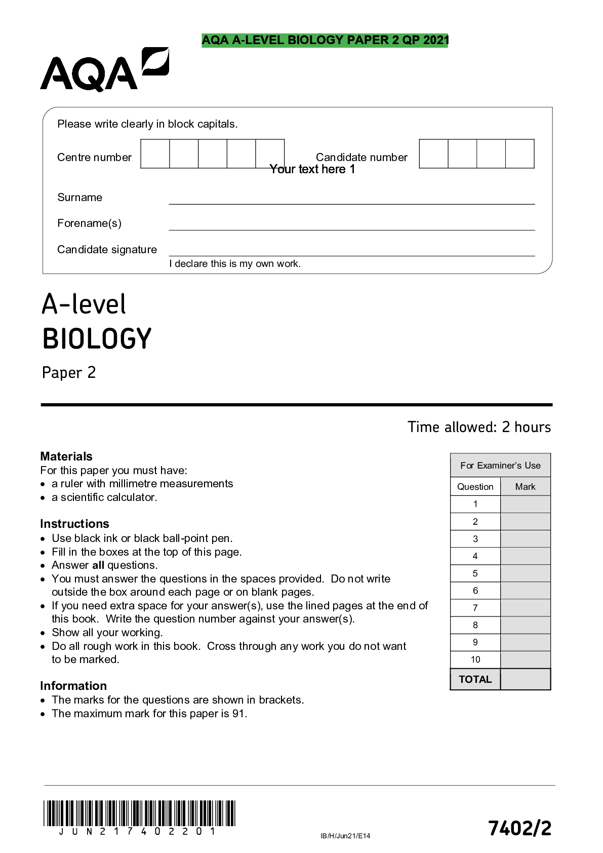AQA A-LEVEL BIOLOGY PAPER 2 QP 2021 - Scholarfriends
