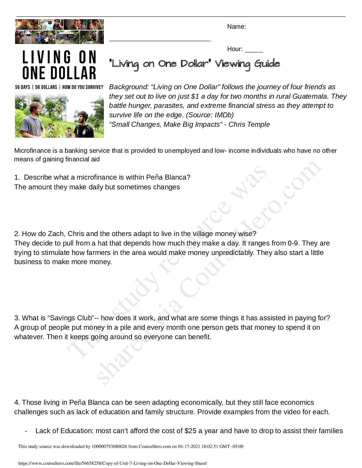 Living on One Dollar Viewing Sheet - Scholarfriends