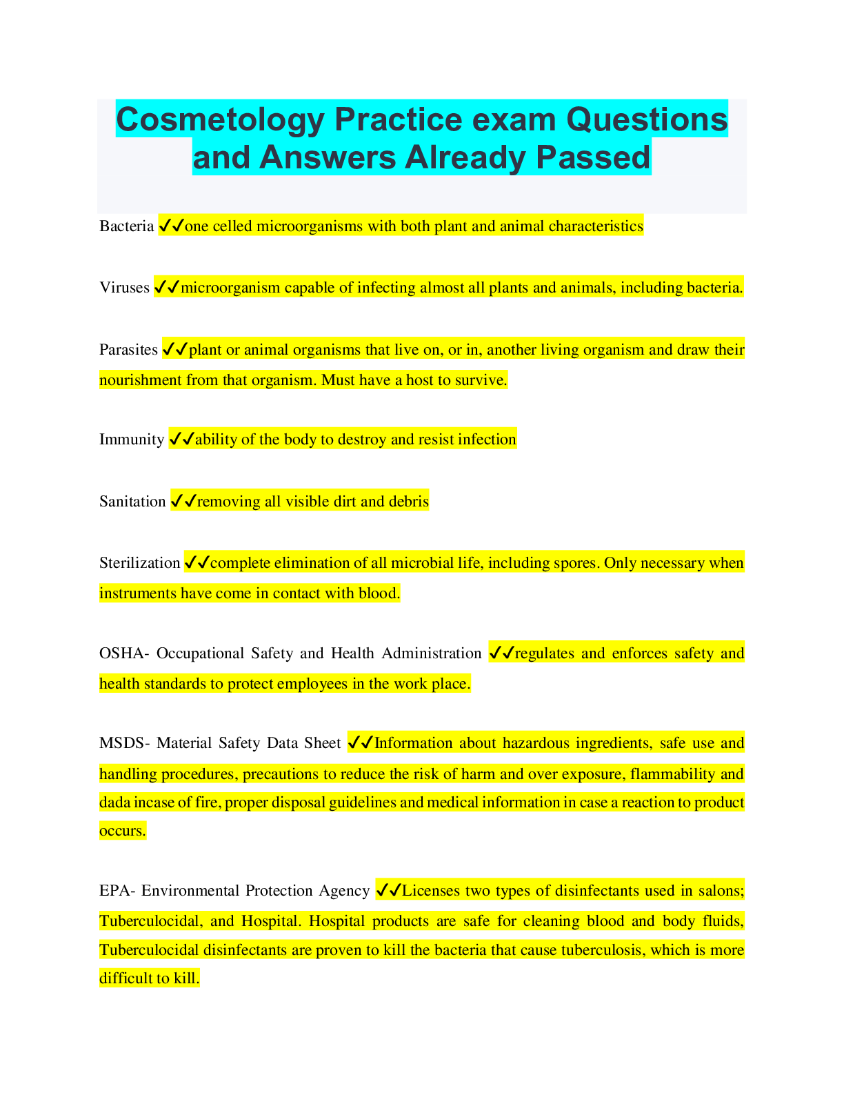 Cosmetology Practice exam Questions and Answers Already Passed ...