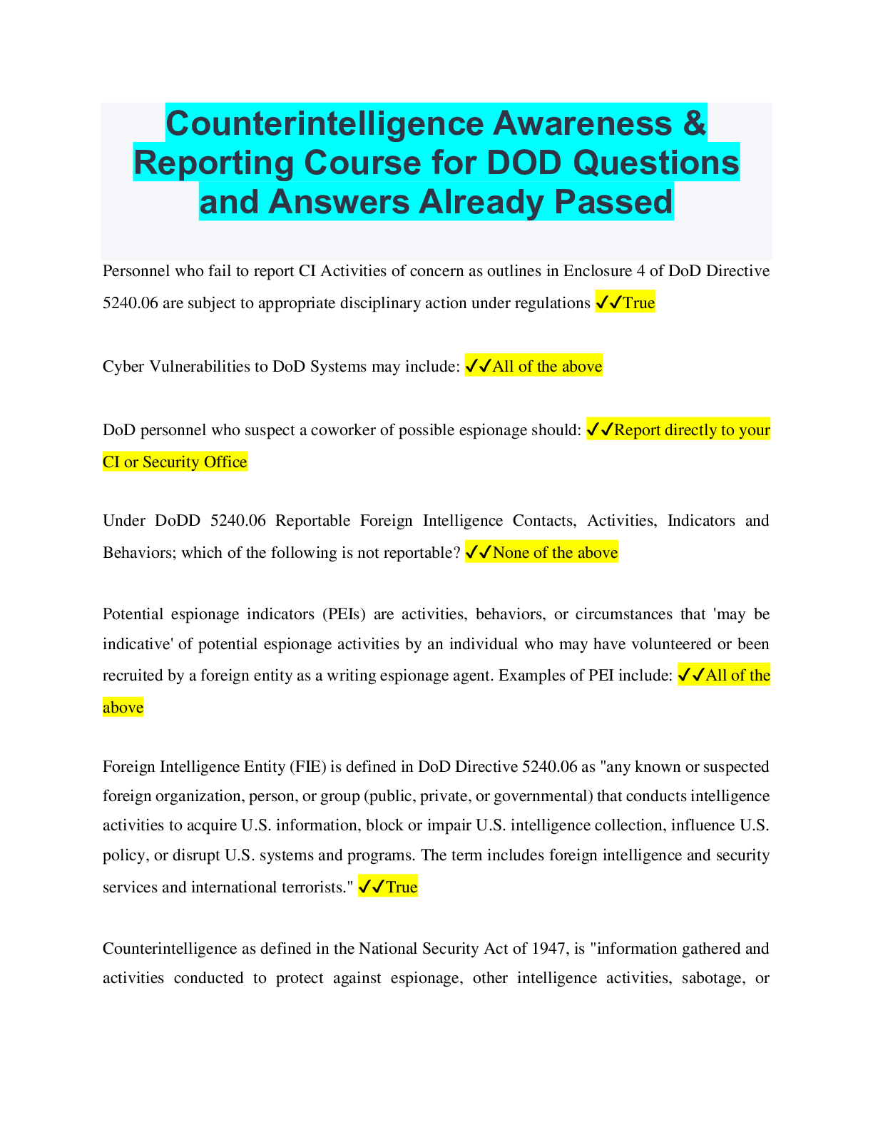 Counterintelligence Awareness and Reporting - PreTest JKO Questions and ...