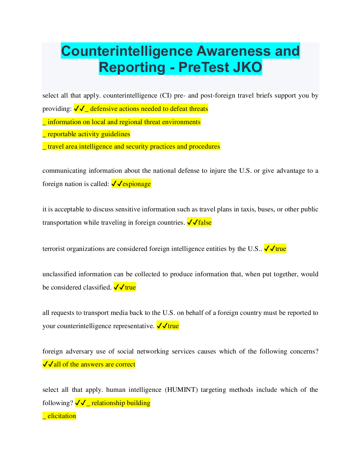 Counterintelligence Awareness and Reporting - PreTest JKO ...