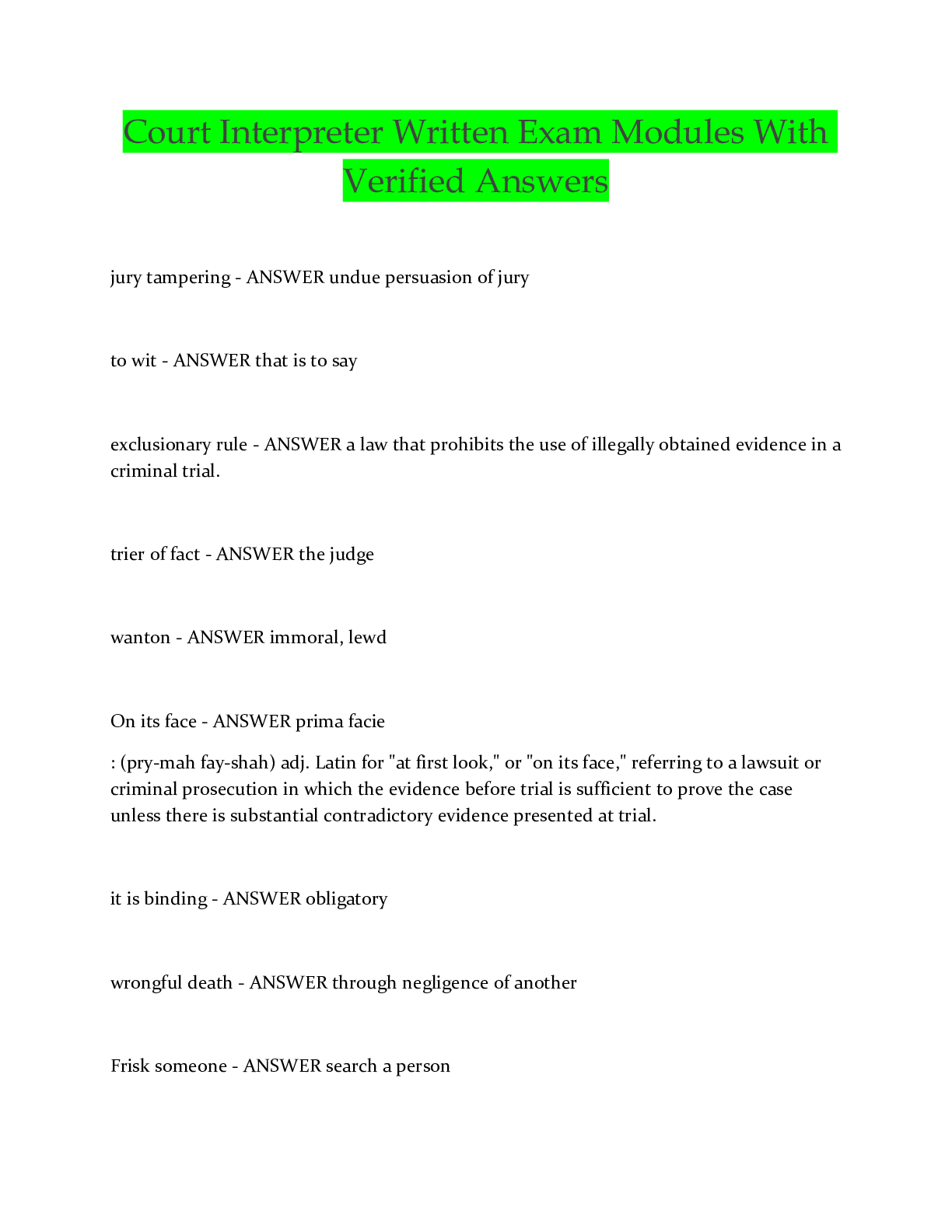 Court Interpreter Written Exam Modules With Verified Answers ...