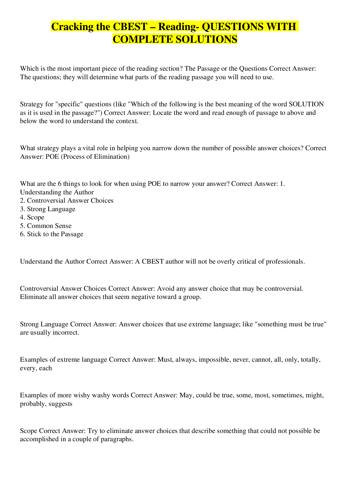 Cracking the CBEST – Reading- QUESTIONS WITH COMPLETE SOLUTIONS ...