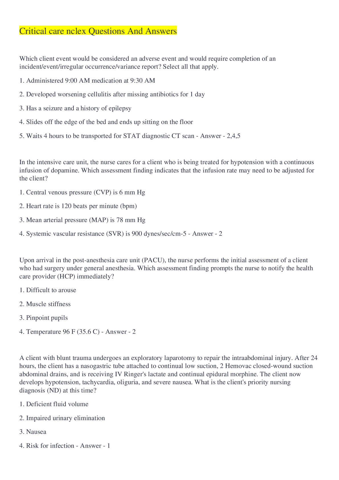 Critical care nclex Questions And Answers 2022/2023 - Scholarfriends