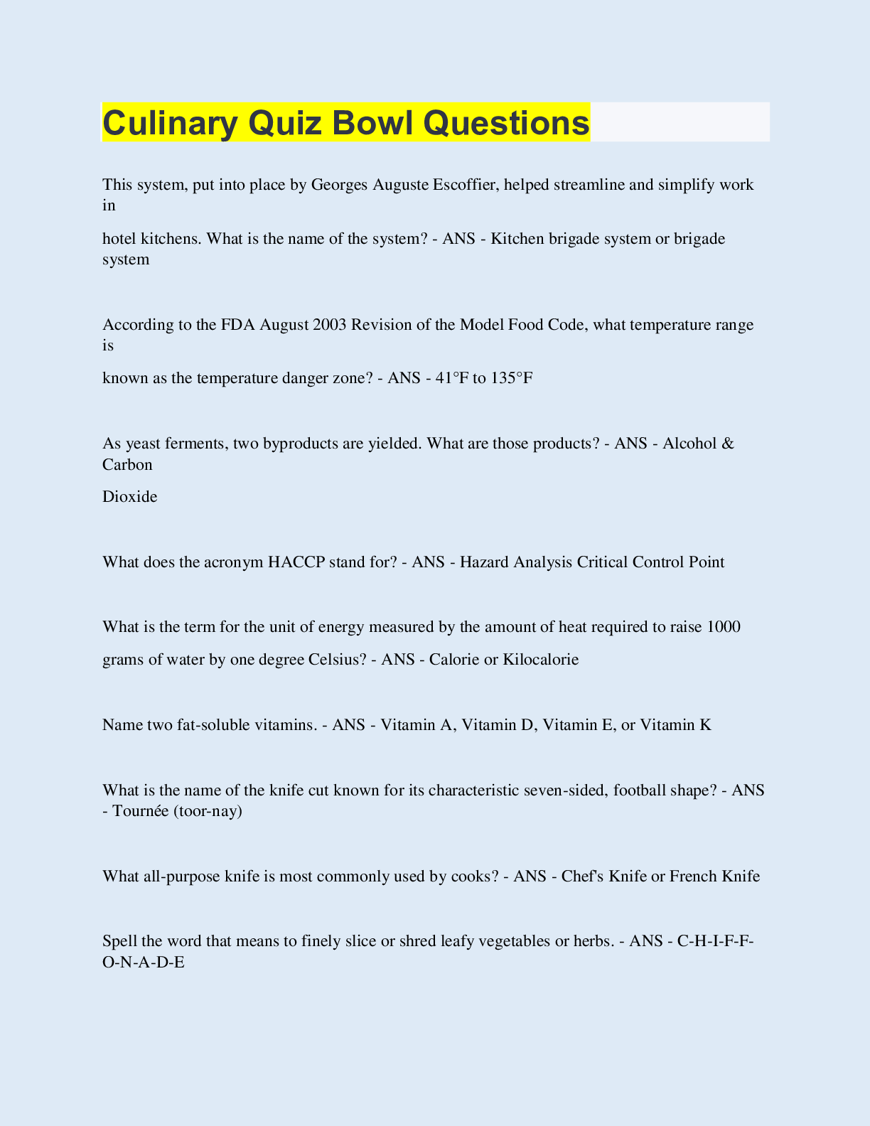 Culinary Quiz Bowl Questions | 100 Questions with 100% Correct Answers ...