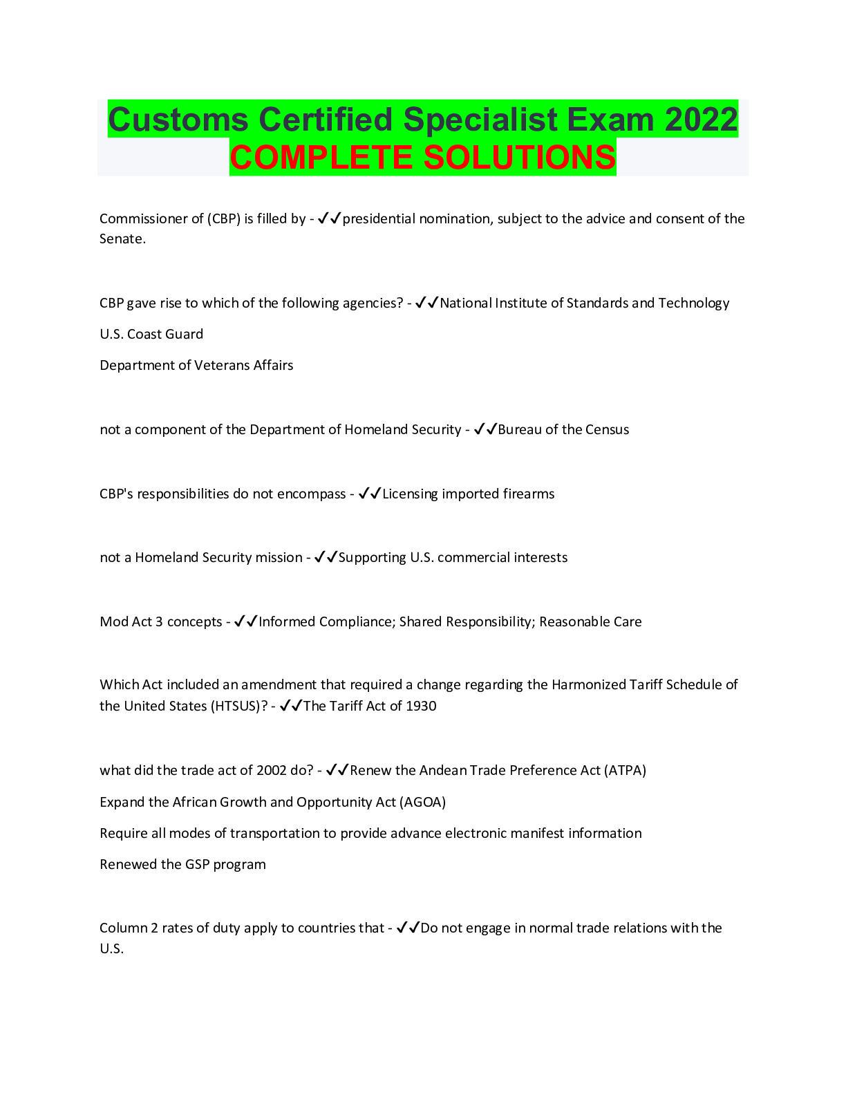 Customs Certified Specialist Exam 2022 COMPLETE SOLUTIONS ...