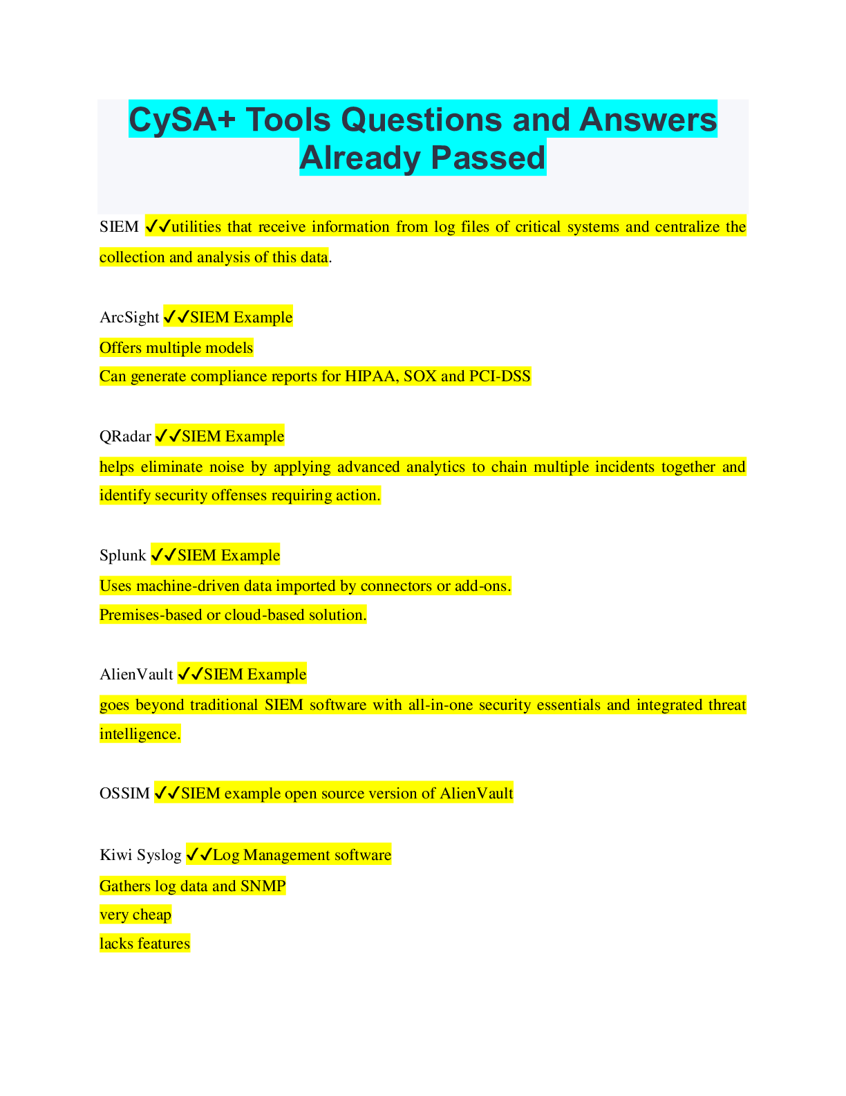 CySA+ Tools Questions and Answers Already Passed - Scholarfriends