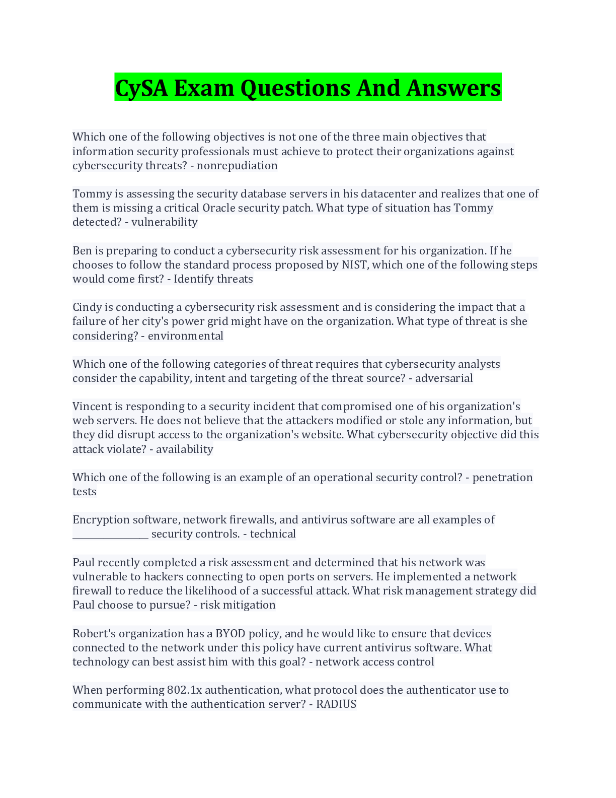 CySA Exam Questions And Answers Latest Update With Complete Top ...