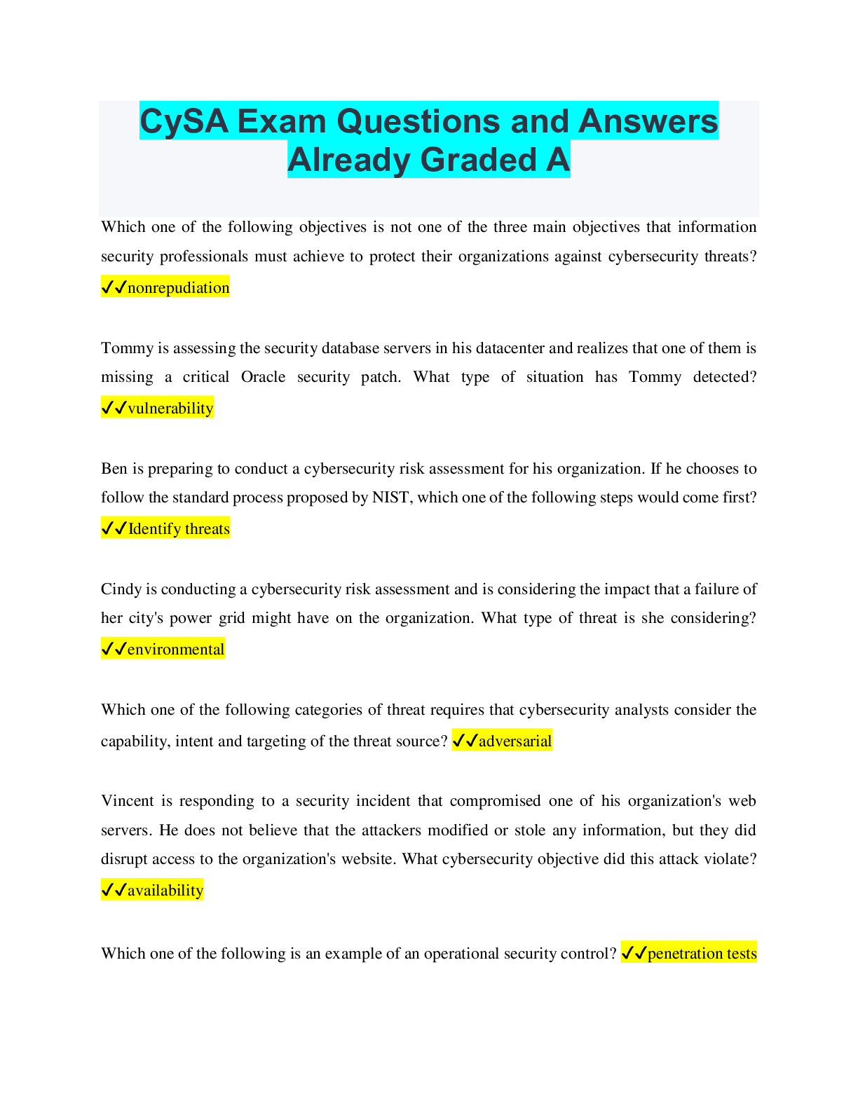 CySA Exam Questions and Answers Already Graded A – Scholarfriends ...