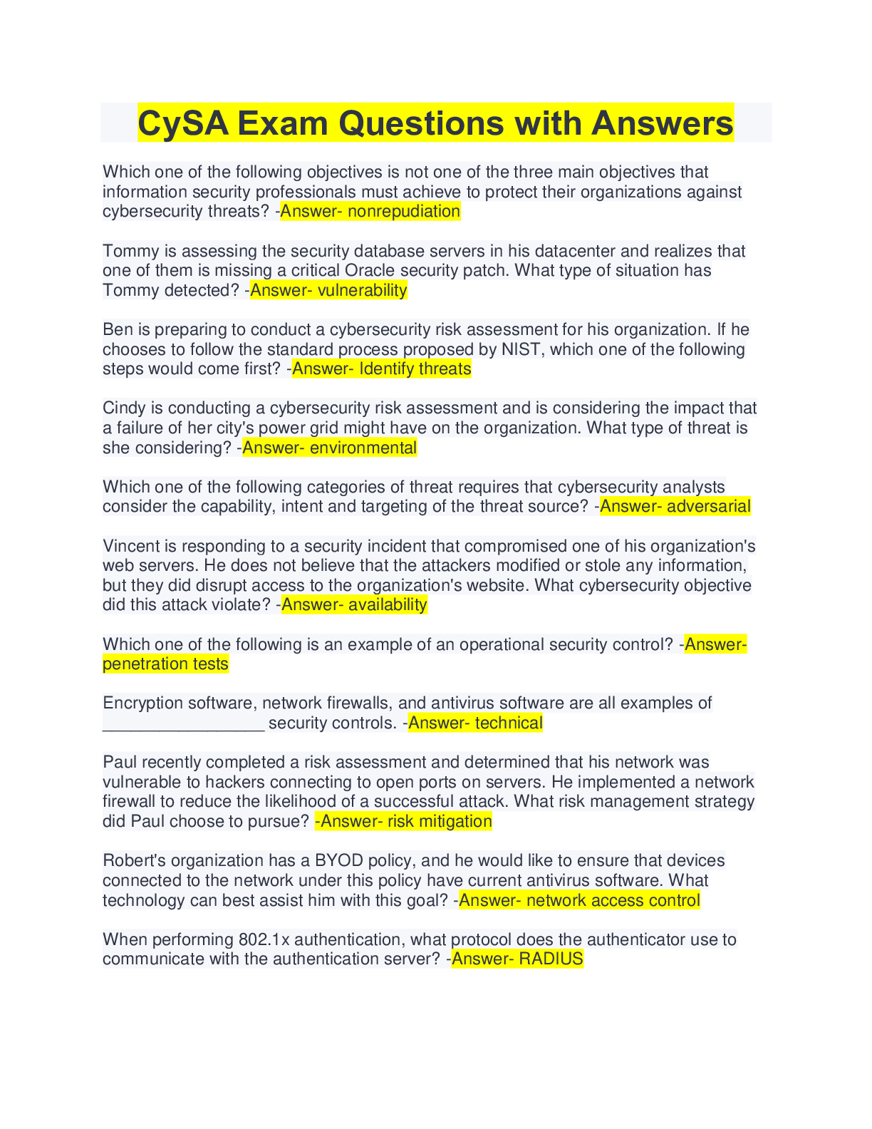 CySA Exam Questions with Answers, 100% Accurate answers. Graded A ...