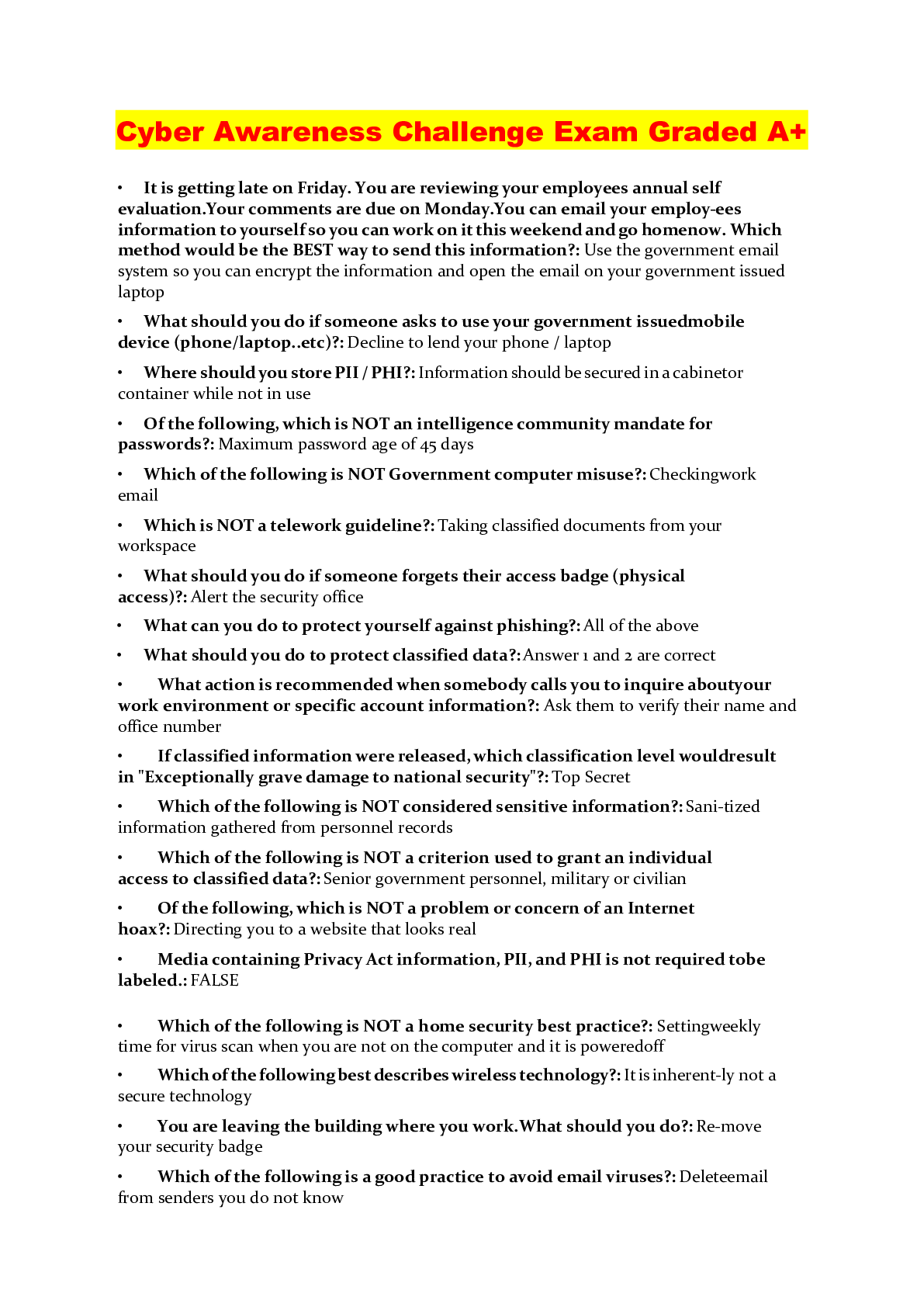 Cyber Awareness Challenge Exam Graded A+ - Scholarfriends