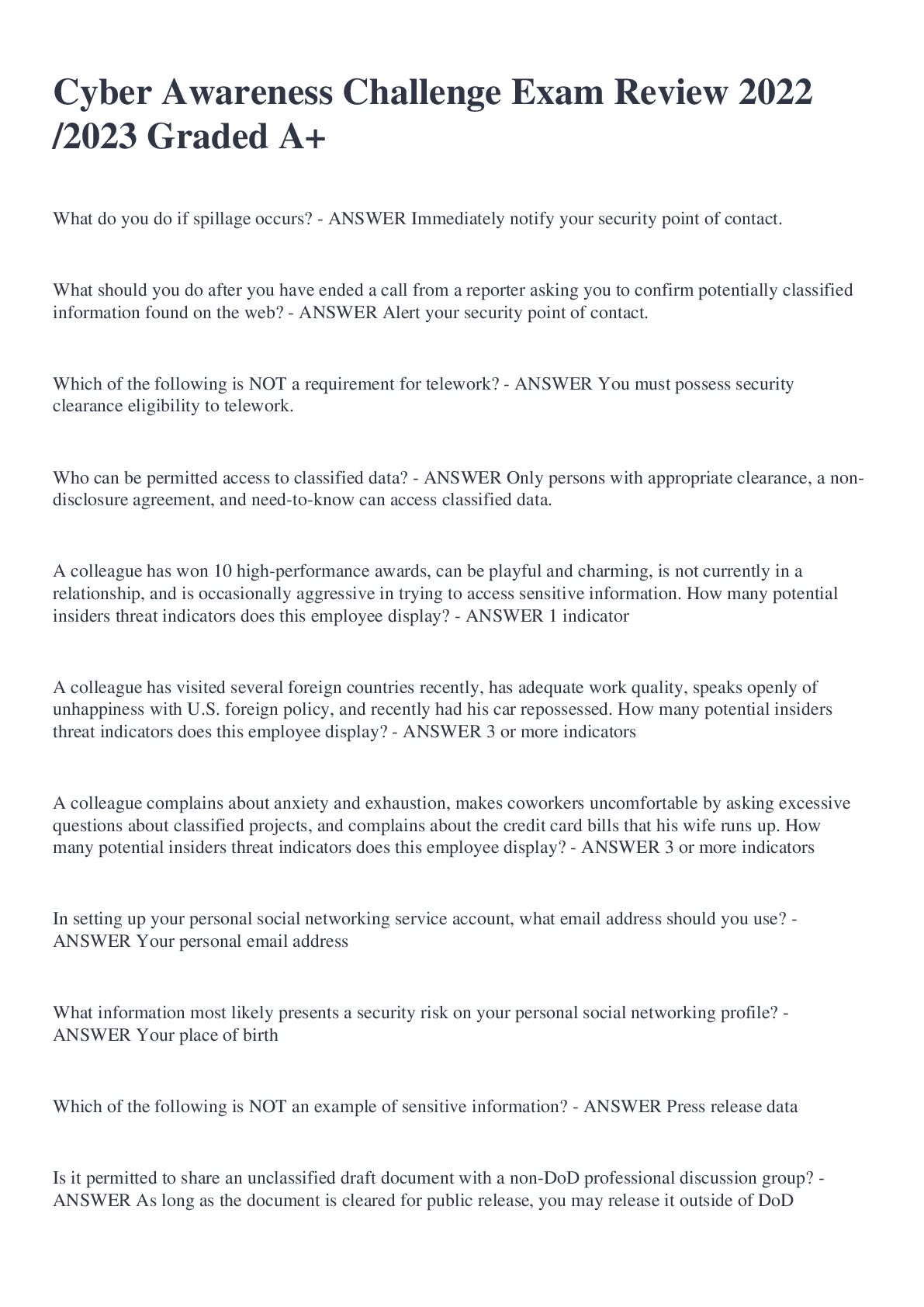 Cyber Awareness Challenge Exam Review 2022/2023 Graded A+ - Scholarfriends