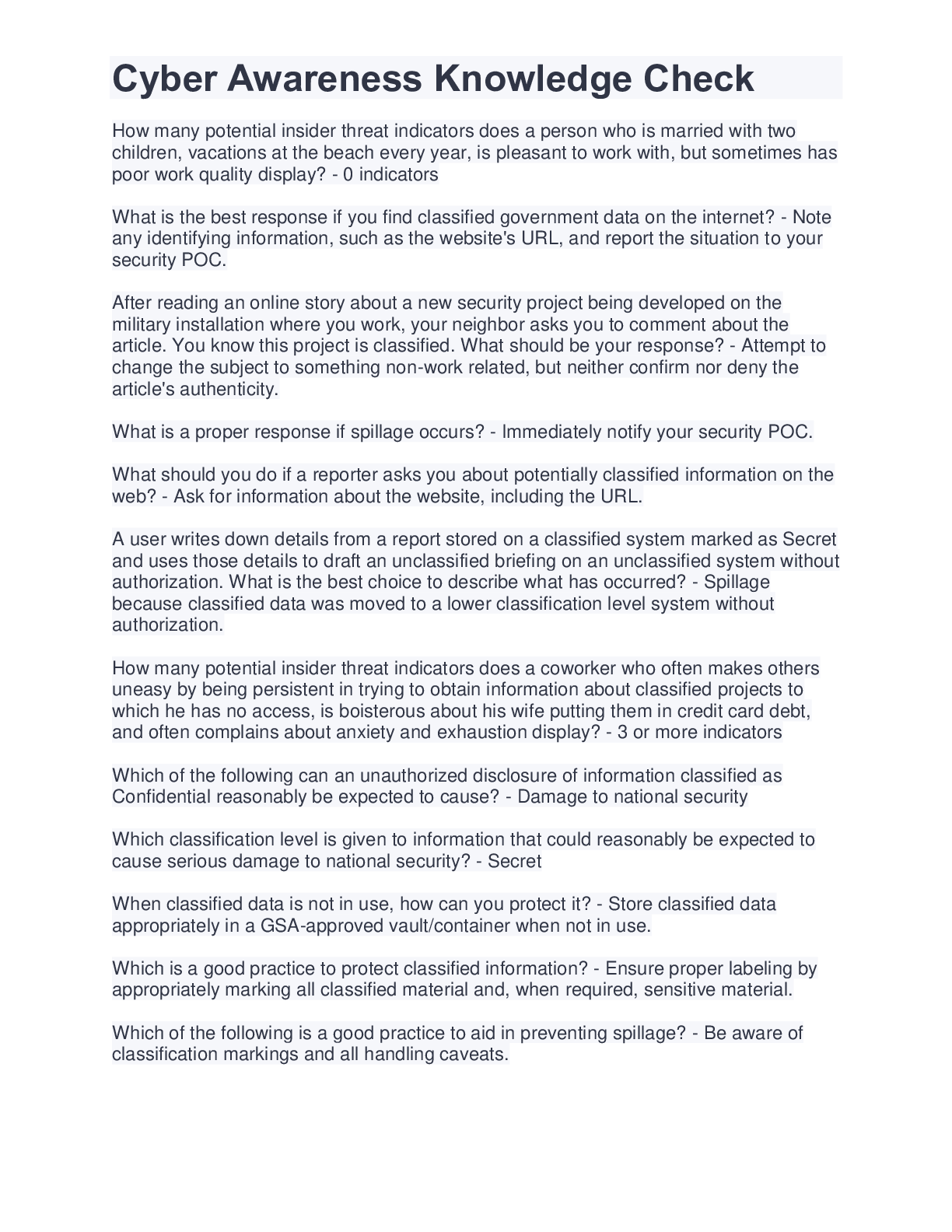 Cyber Awareness Knowledge Check - Scholarfriends