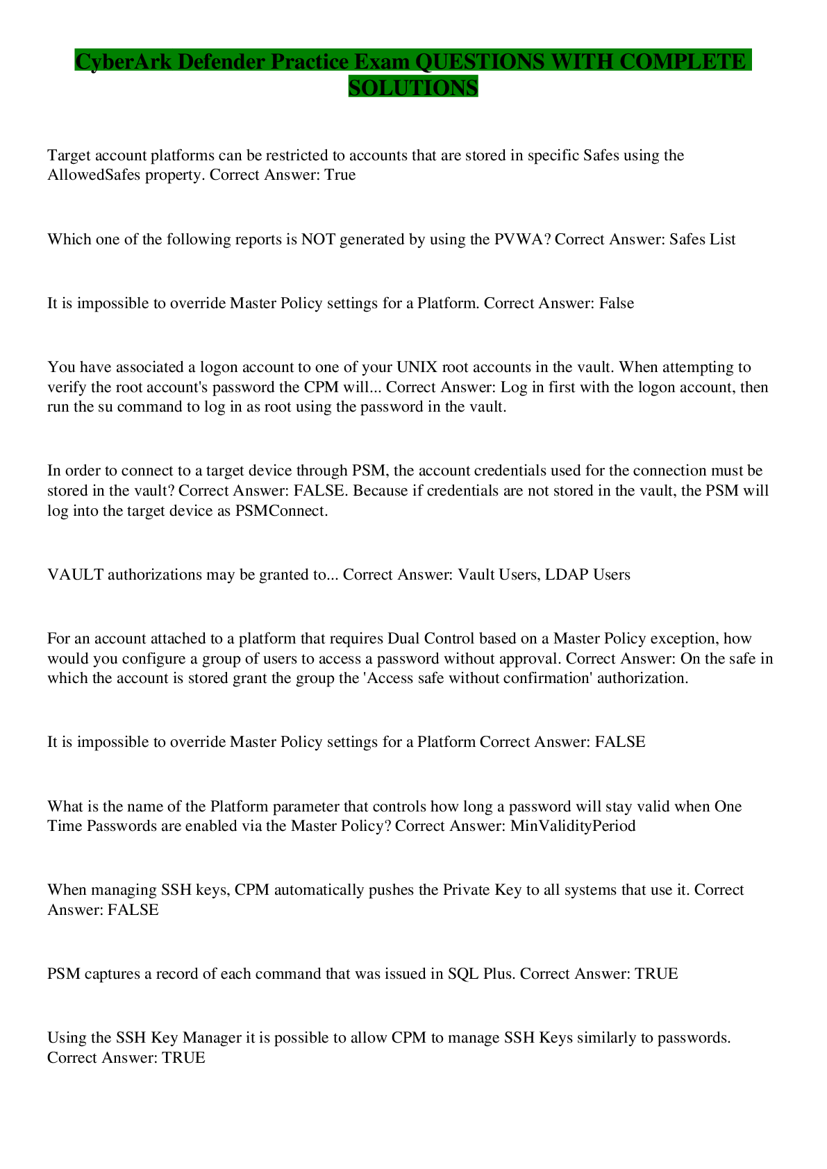 CyberArk Defender Practice Exam QUESTIONS WITH COMPLETE SOLUTIONS ...