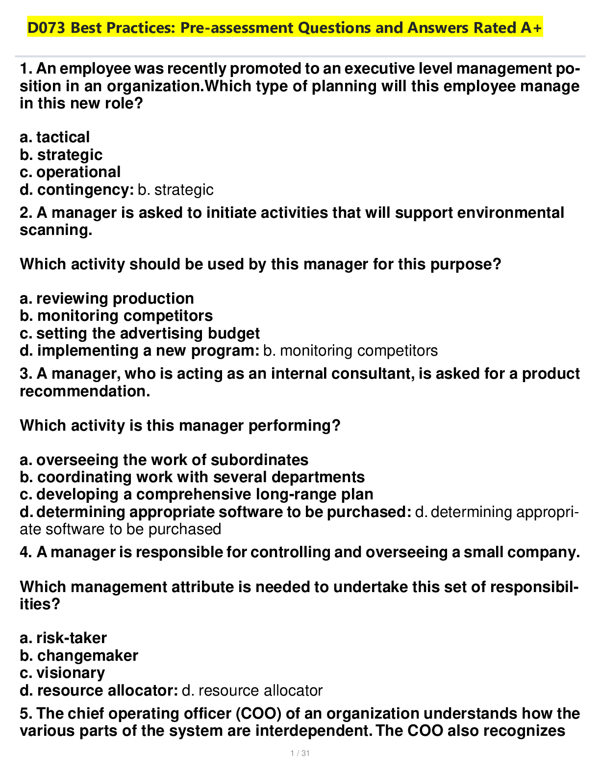 D073 Best Practices: Pre-assessment Questions and Answers Rated A+ ...