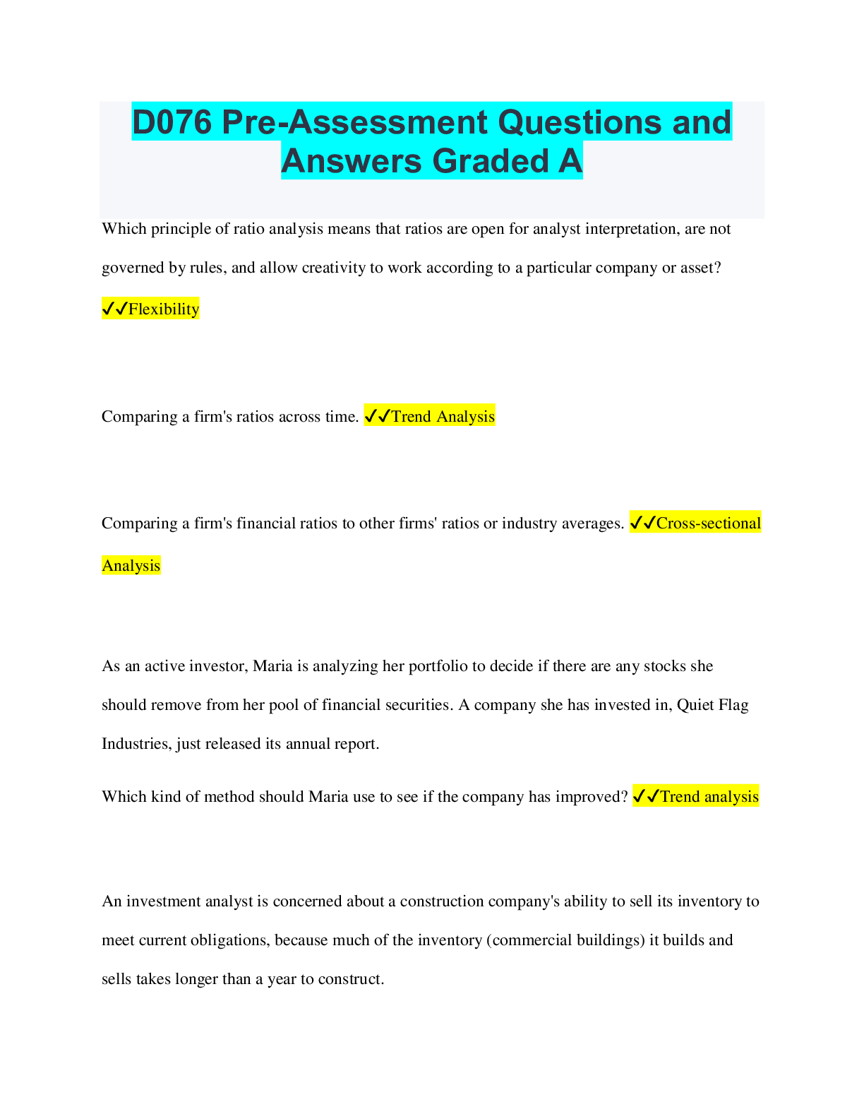 D076 Pre-Assessment Questions and Answers Graded A - Scholarfriends