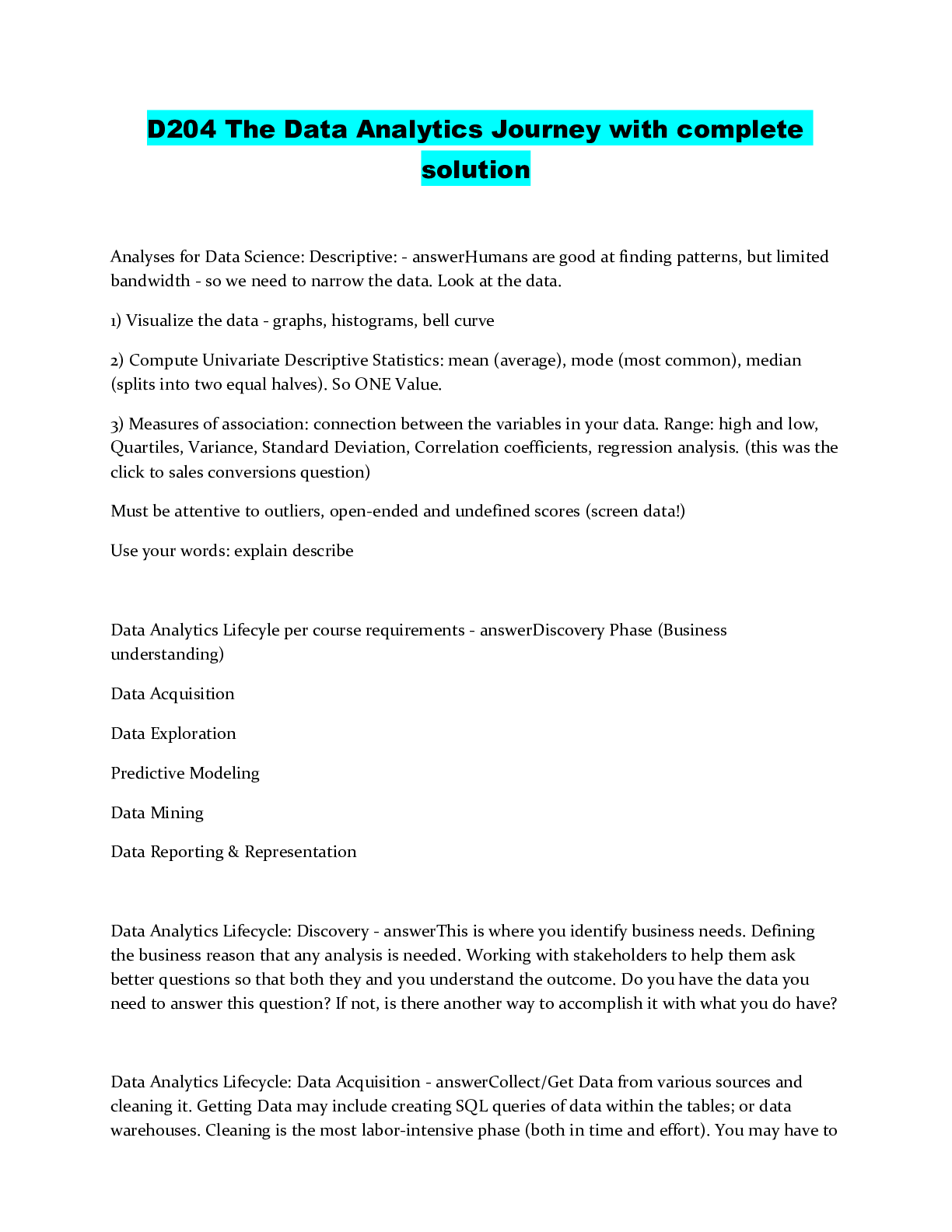 D204 The Data Analytics Journey with complete solution - Scholarfriends