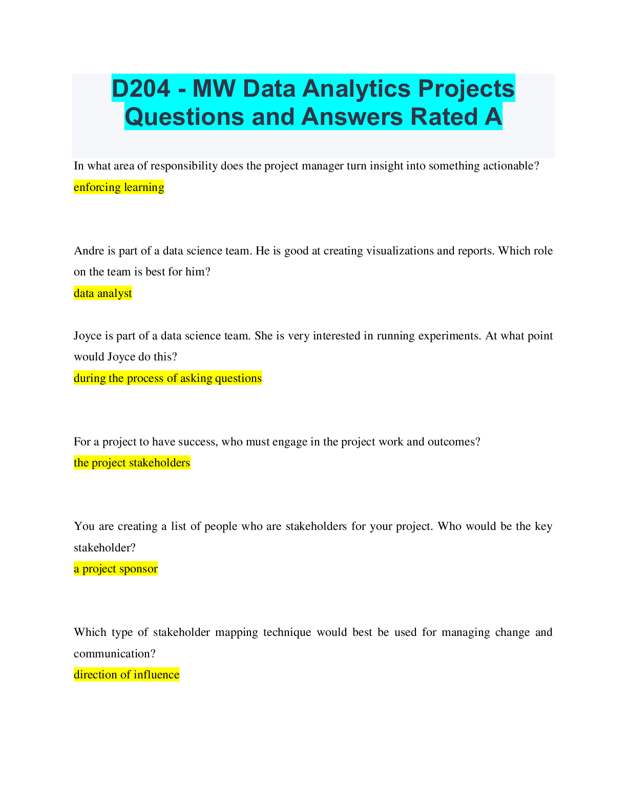 D204 - MW Data Analytics Projects Questions and Answers Rated A ...