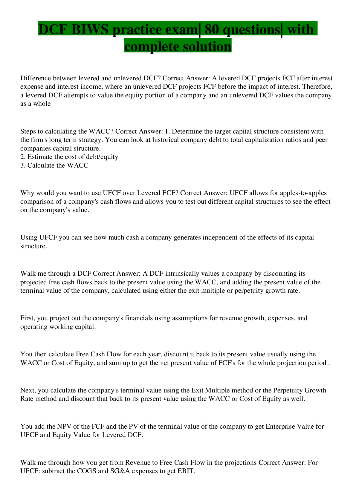 DCF BIWS practice exam| 80 questions| with complete solution ...