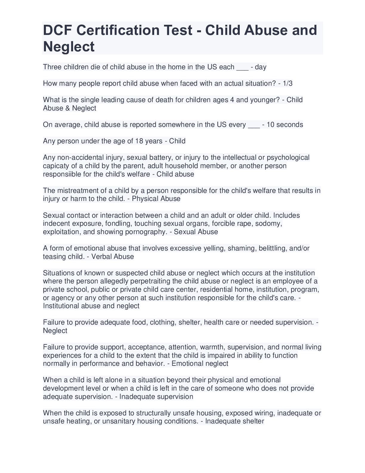 DCF Certification Test - Child Abuse and Neglect - Scholarfriends