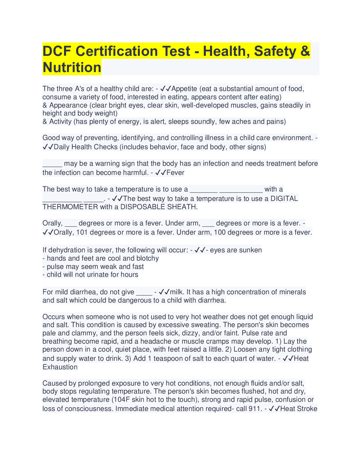 DCF Certification Test - Health, Safety & Nutrition | with Complete ...