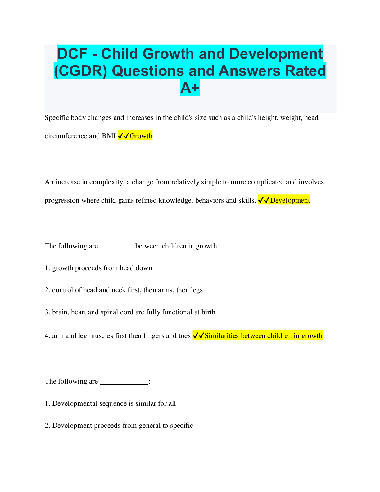 DCF - Child Growth and Development (CGDR) Questions and Answers Rated ...