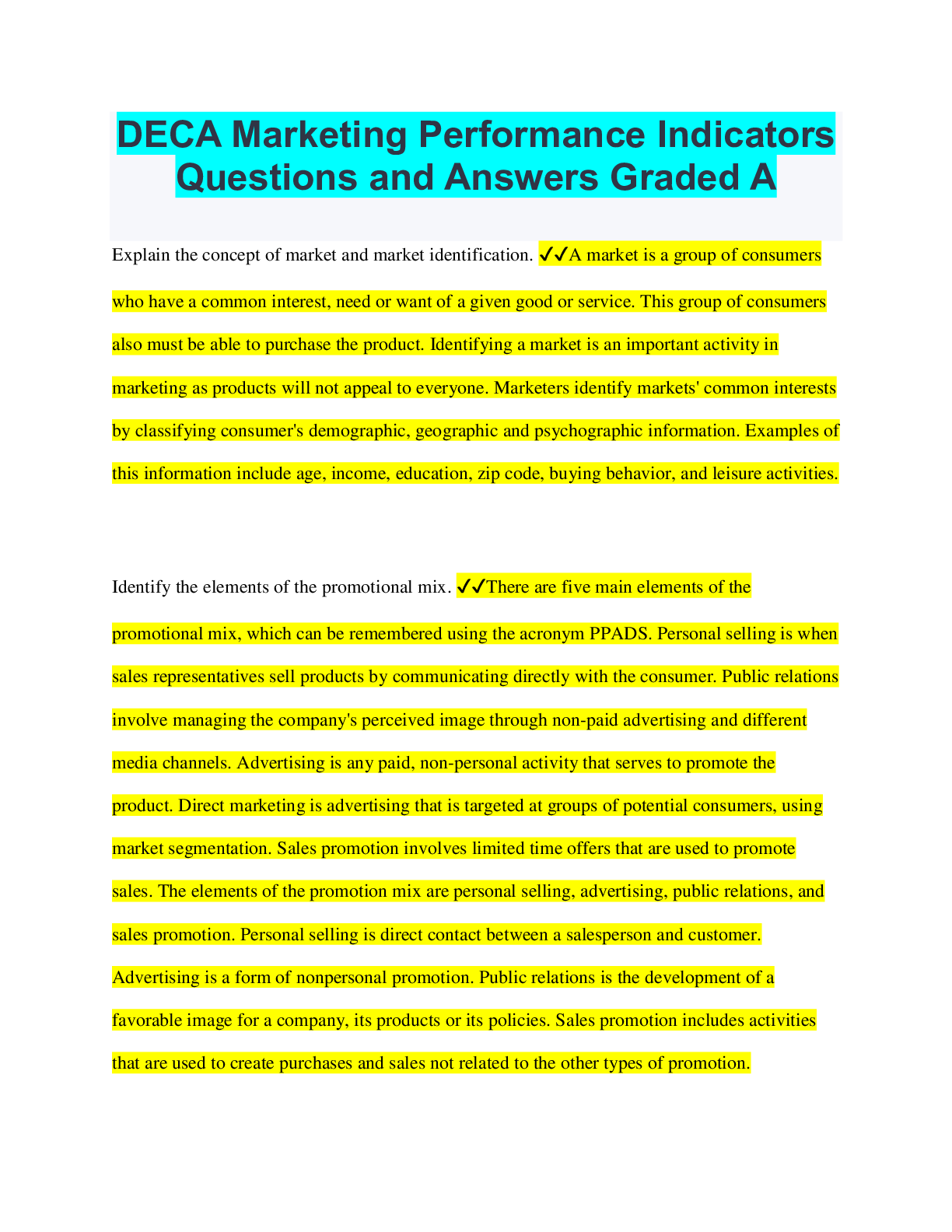 DECA Marketing Performance Indicators Questions and Answers Graded A ...