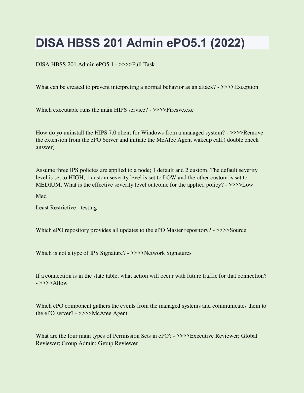 DISA HBSS 201 Admin ePO5.1 (2022) | 40 Questions with 100% Correct ...