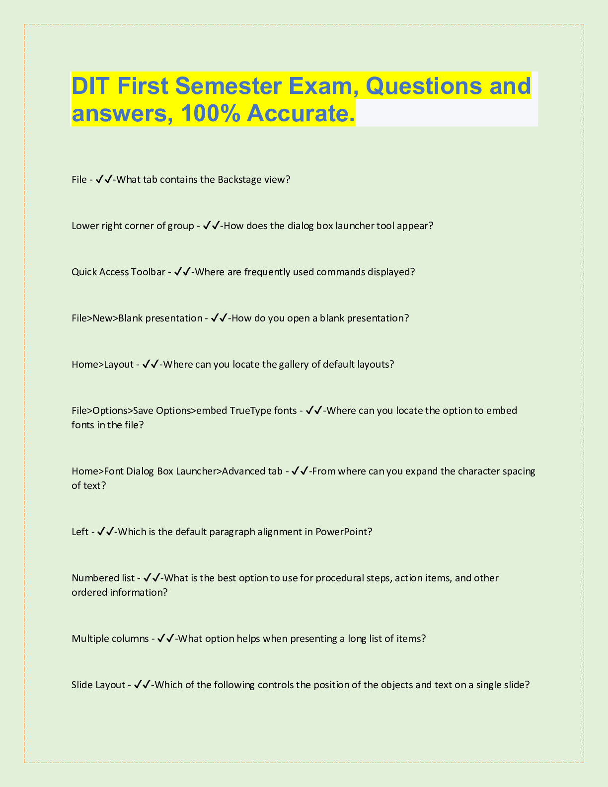 DIT First Semester Exam, Questions and answers, 100% Accurate ...