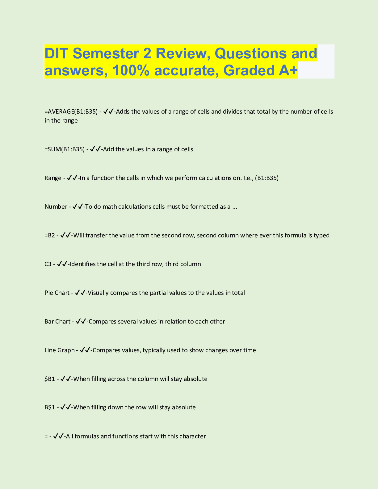 DIT Semester 2 Review, Questions and answers, 100% accurate, Graded A+ ...