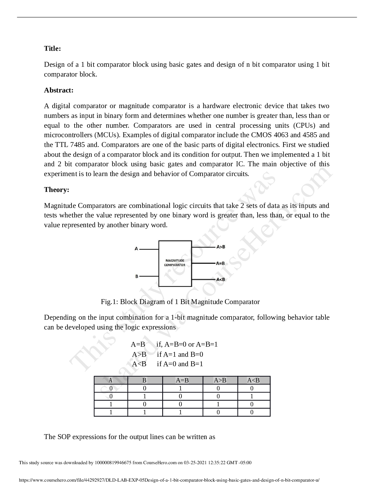 DLD LAB EXP 05(Design of a 1 bit comparator block using basic gates and ...