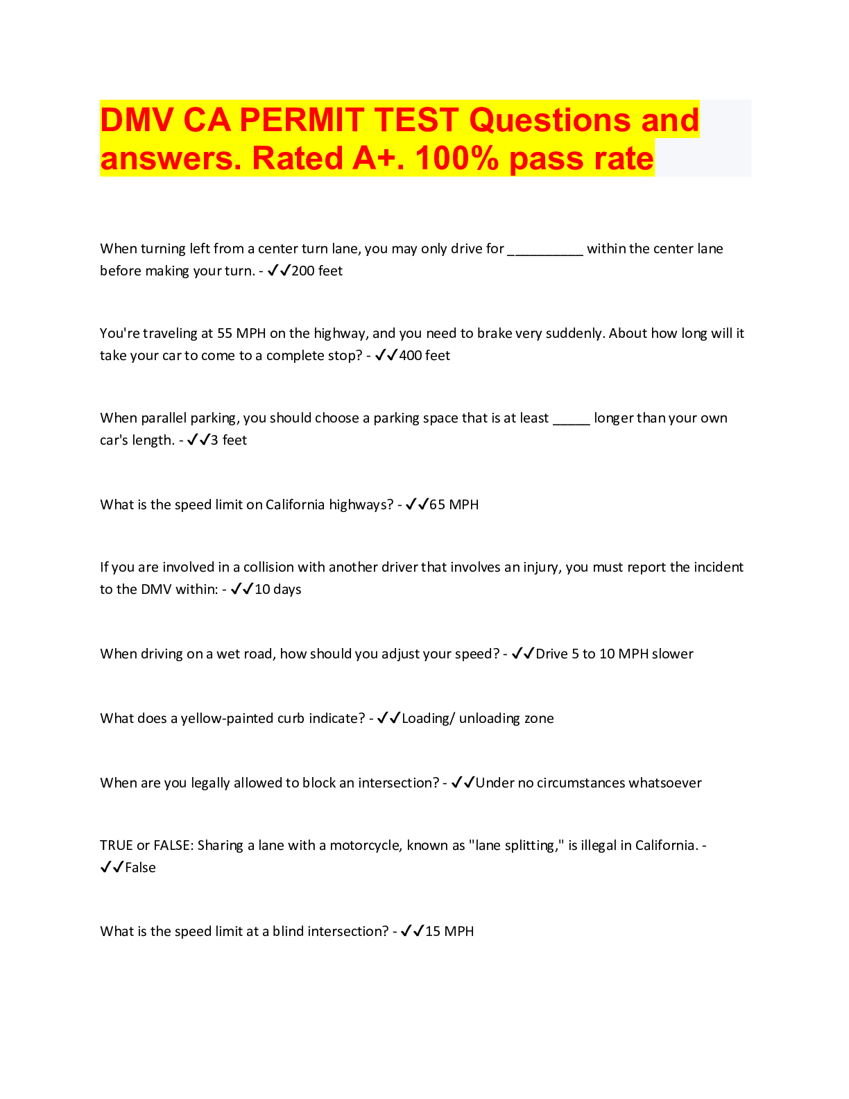 DMV CA PERMIT TEST Questions and answers. Rated A+. 100% pass rate ...