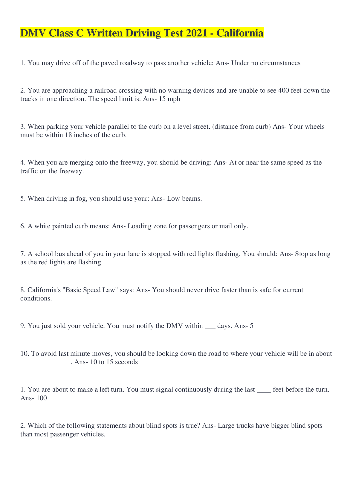 DMV Class C Written Driving Test 2021 - California - Scholarfriends