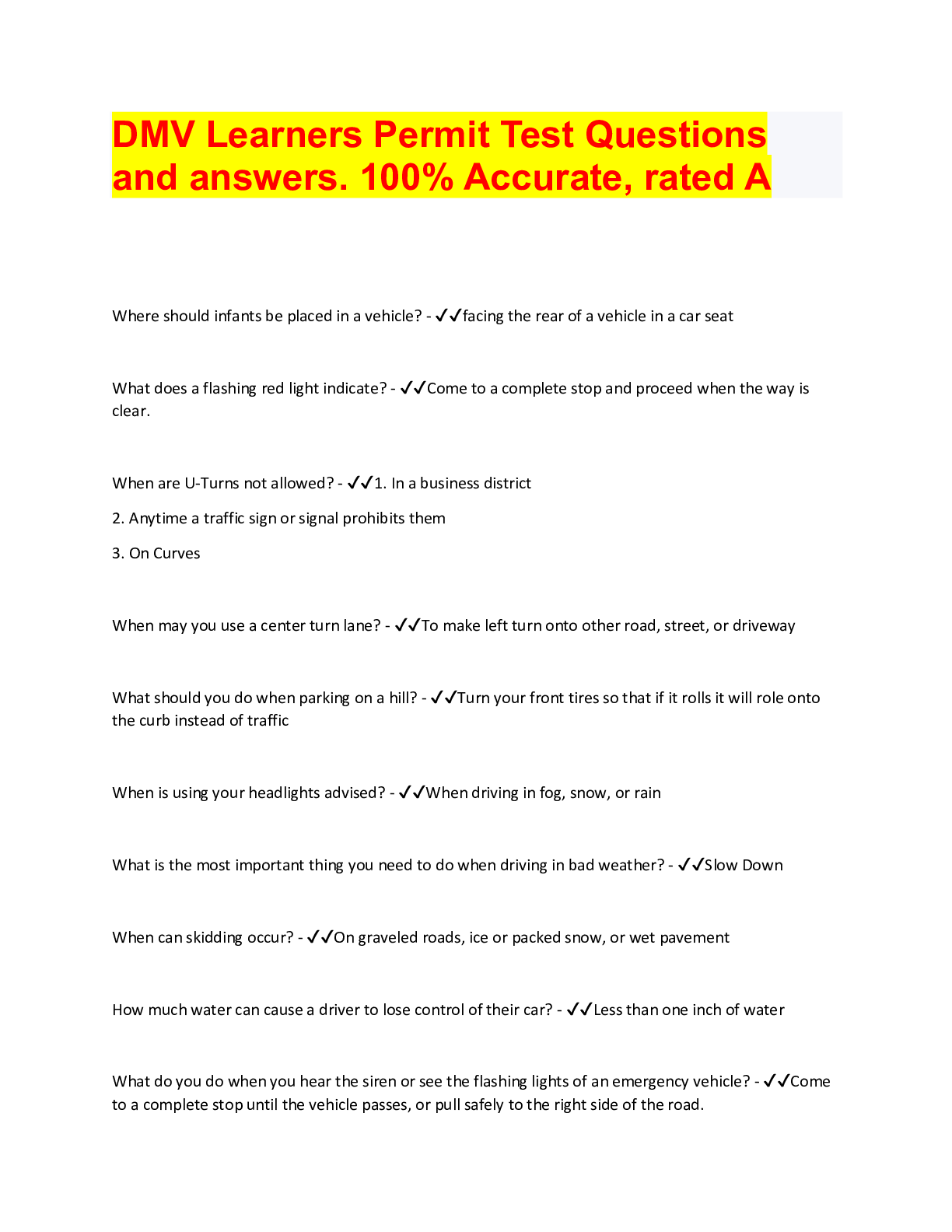DMV Learners Permit Test Questions and answers. 100% Accurate, rated A ...